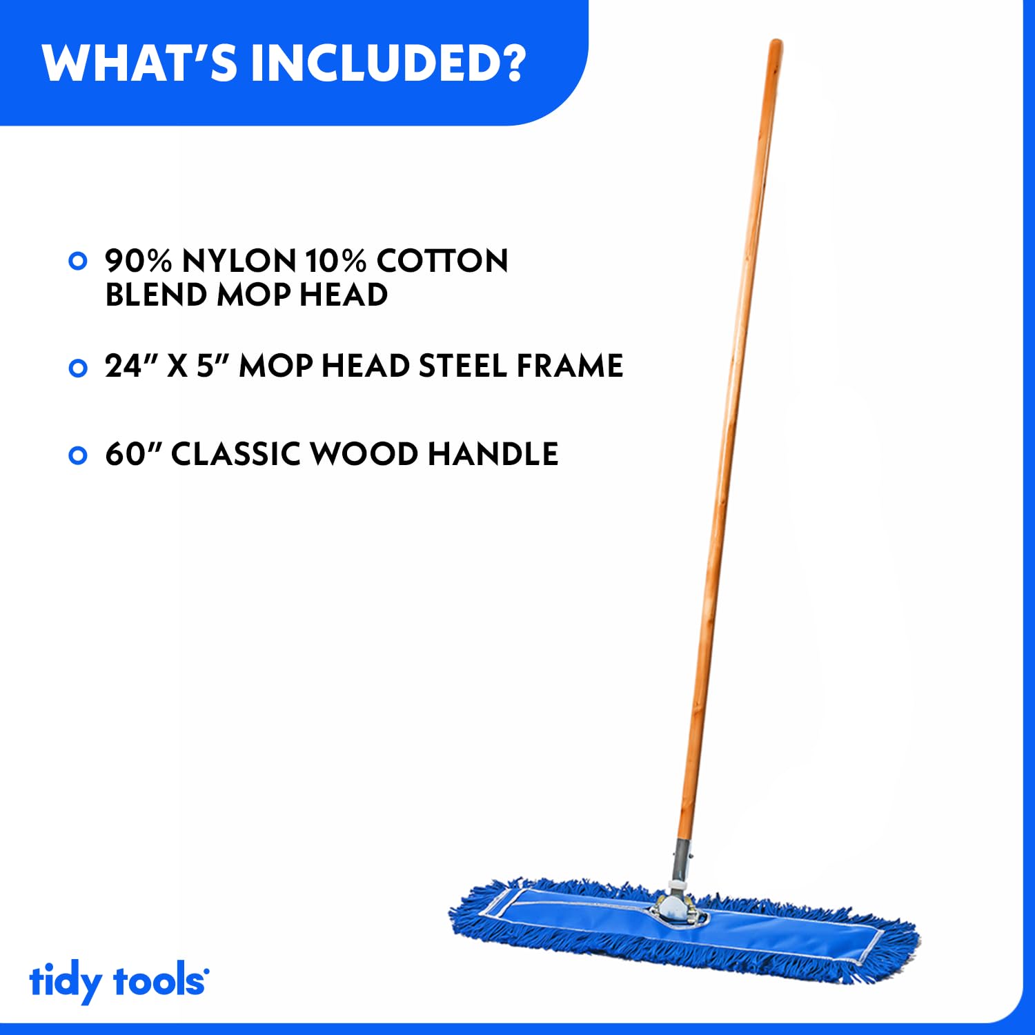 Tidy Tools Commercial Dust Mop & Floor Sweeper β 24 x 5 in. Cotton Nylon Reusable Mop Head, 63 in. Wooden Broom Handle β Industrial Dust Mops for Floor Cleaning & Janitorial Supplies, Blue