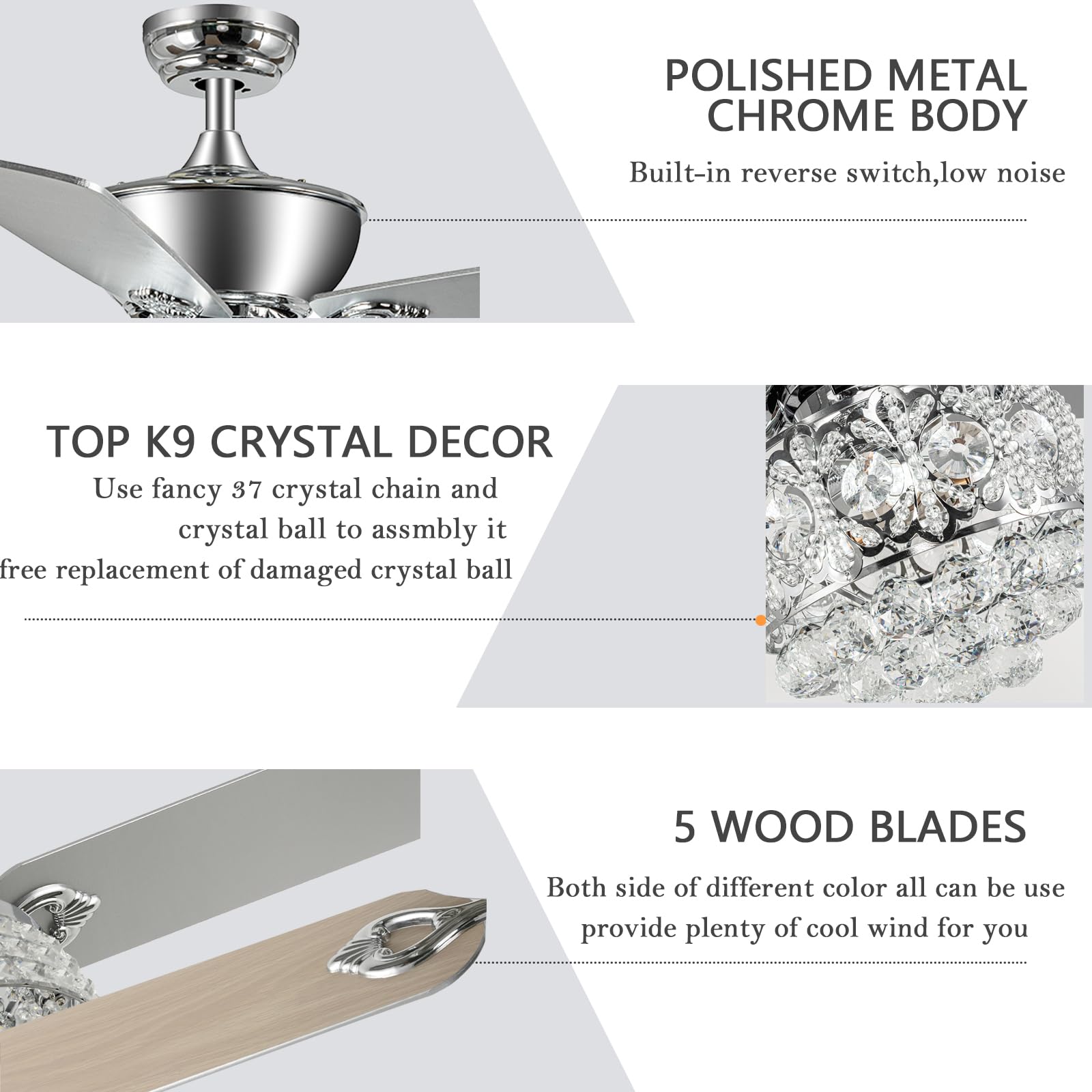 Tropwellhouse 52Inch Crystal Ceiling Fan with Lights 3 Speed Remote Control Elegant Crystal 5 Wood Blades Chrome Ceiling Fan Decoration Home
