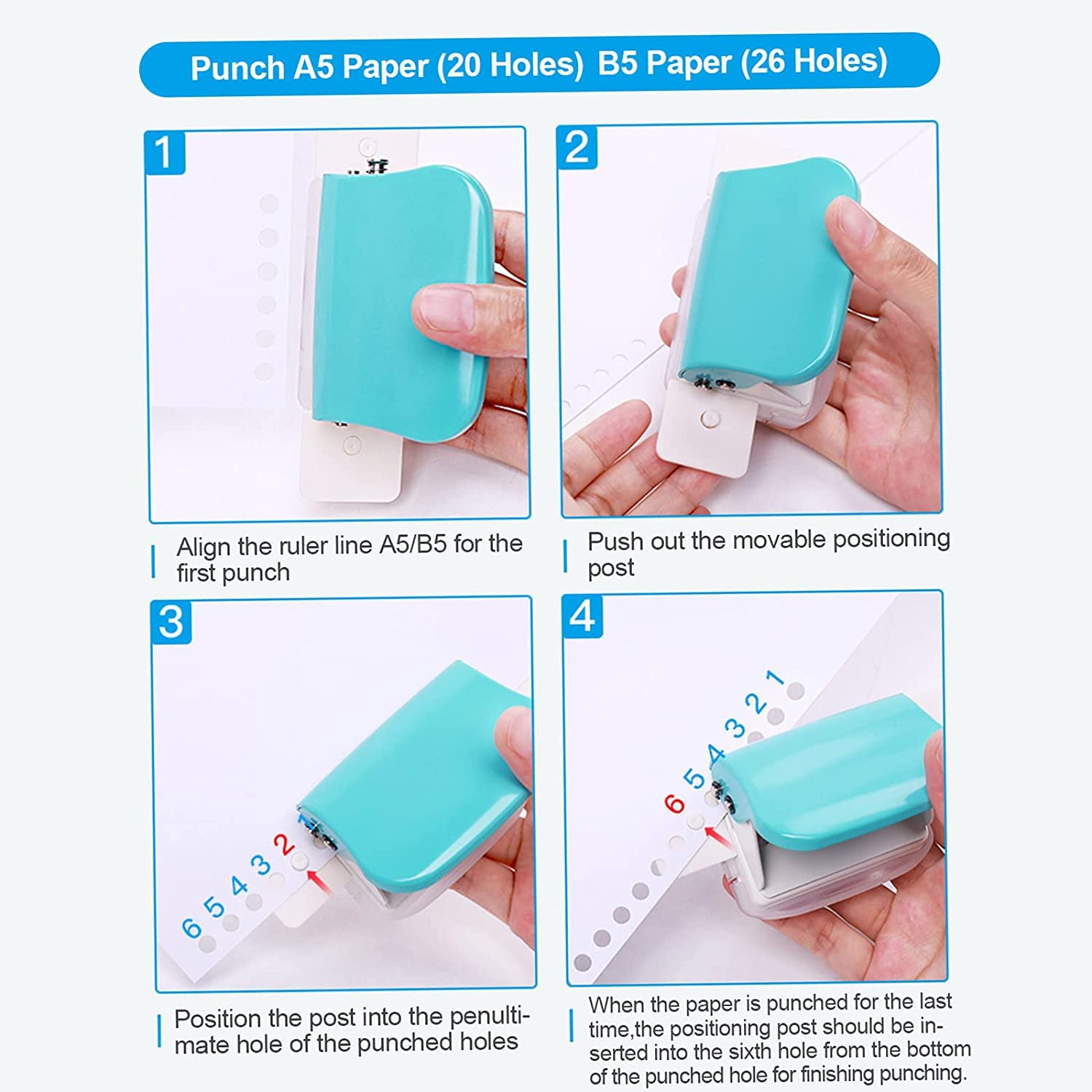SQWAN Metal 6 Hole Punch, Portable Handheld Hole Puncher, Daily Paper Puncher for A4/A5/B5 Size, Loose Leaf Hole Punch, 5 Sheet Capacity (Green)