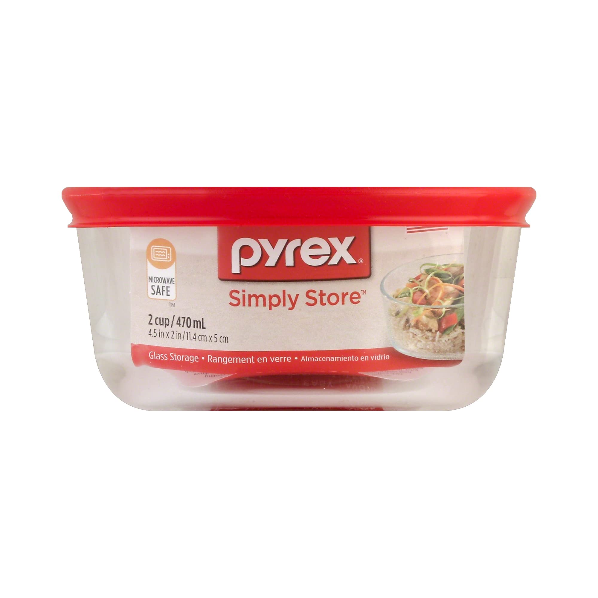Pyrex Simply Store 2-Cup Single Glass Food Storage Container with Lid, Non-Pourous Round Meal Prep Container, BPA-Free , Dishwasher, Microwave, Oven and Freezer Safe,Red