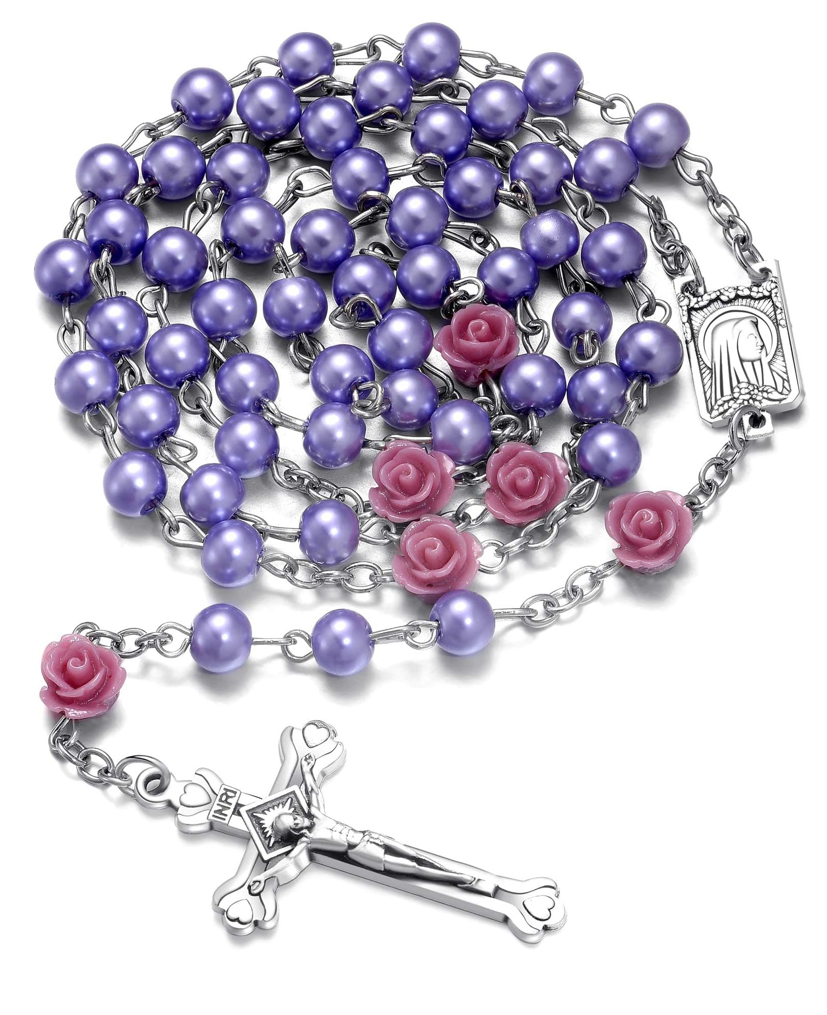 Pearl Rose Beads Rosary Catholic Necklace Holy Soil Medal Cross Crucifix-6 Packs