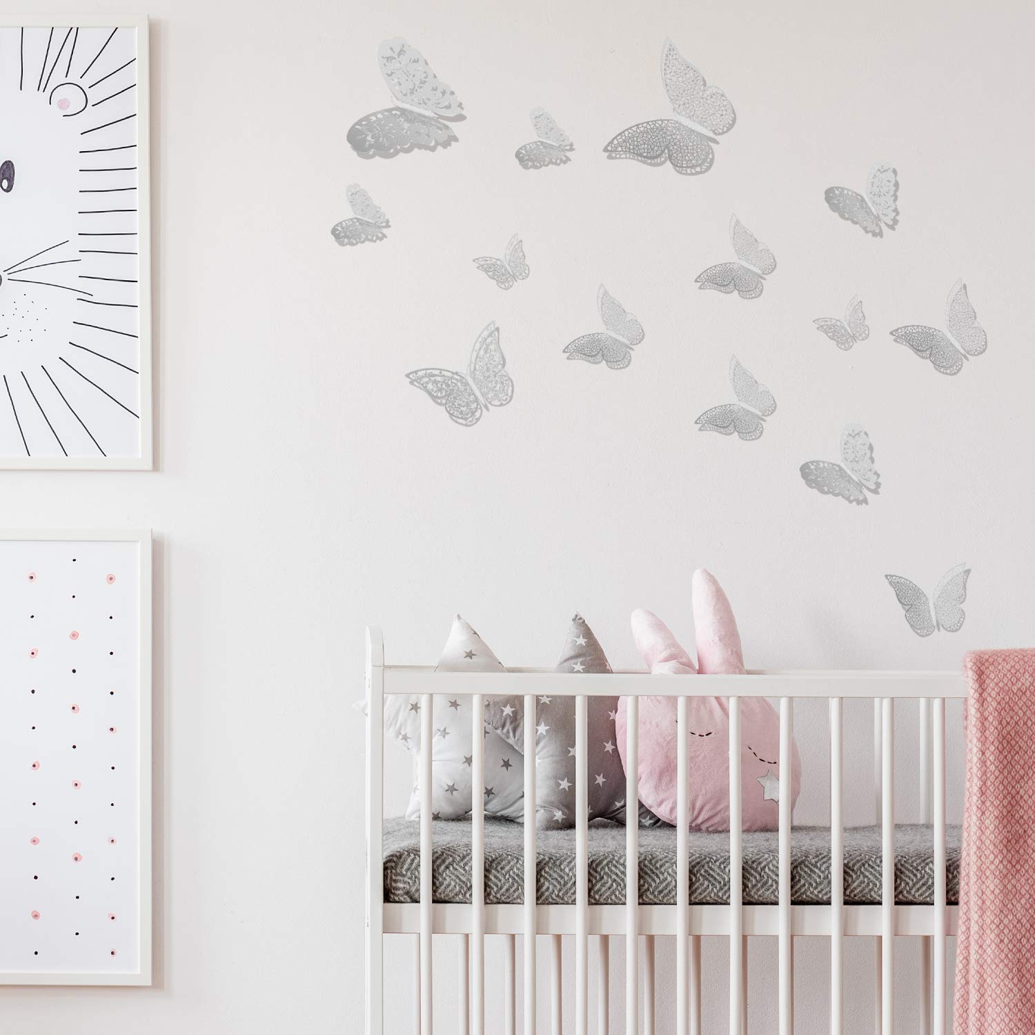 Senkary 72 Pieces (3 Sizes 3 Styles) Silver 3D Butterfly Wall Stickers Wall Decorations Removable Metallic Paper Decals for Home Kids Bedroom Nursery Decor