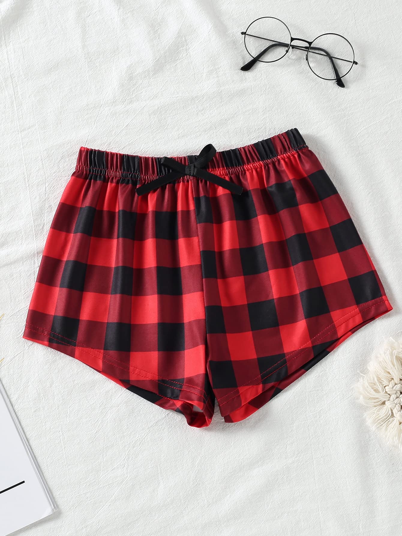 Verdusa Girl's 3pack Plaid Print Elastic Waist Casual Shorts Red White Black 160