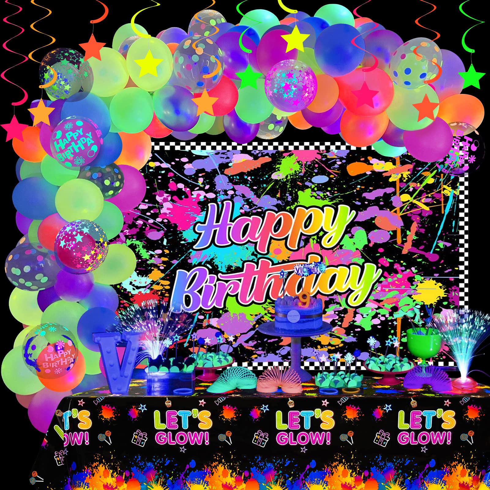 Winrayk Neon Glow in The Dark Birthday Party Decorations Supplies with Neon Balloons Garland Arch Backdrop Tablecloth Hanging Swirl Glow in The Dark Party Supplies Neon Party Decor for Kids Teen Adult