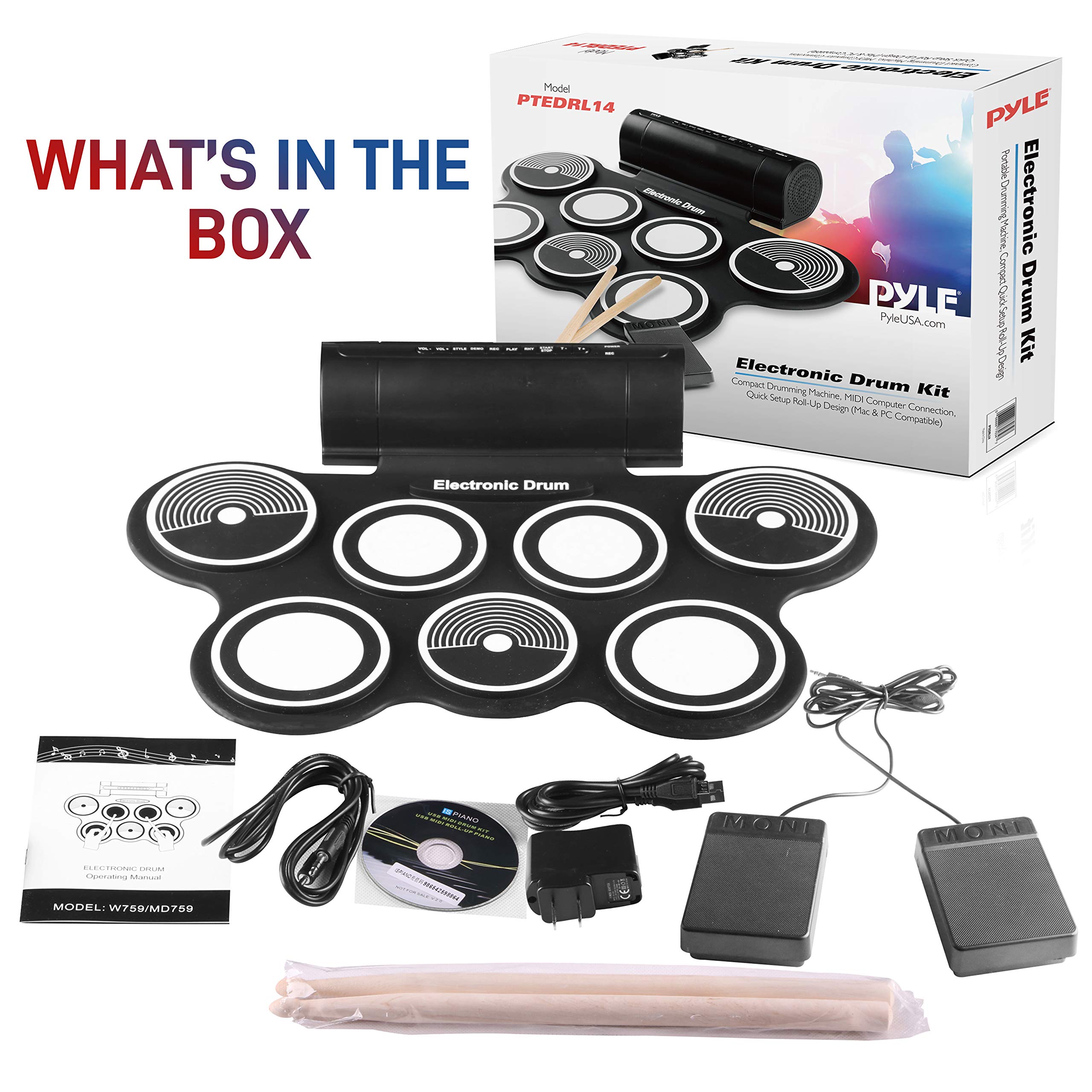 Pyle Electronic Roll Up MIDI Drum Kit W/ 9 Electric Drum Pads, Foot Pedals, Drumsticks, & Power Supply | Quick Setup | Tabletop Roll Up Drum Kit | Pre-Loaded W/ Drum Electric Kits & Songs (PTEDRL14)