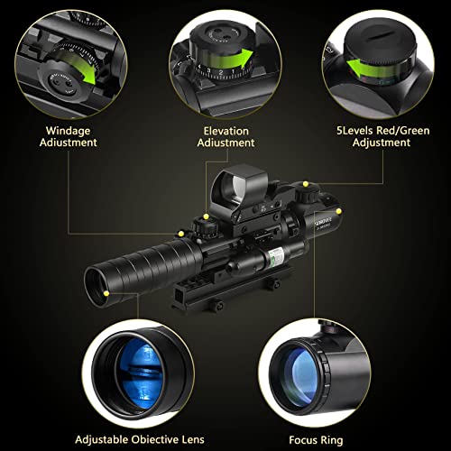 SOROVEE Rifle Scope 3-9x32 Combo,Red/Green Illuminated Range Finder Reticle,Tactical Gun Scopes with Reflex Sight 4 Reticle and Green Laser,Airsoft Scopes for Long Range Shooting/Hunting.