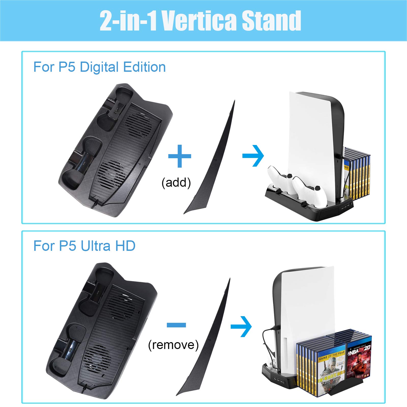 Seitop Vertical Stand for PS5, Dual Controller Charger with Cooling Fan Charging Station Game Storage for Playstation 5 with Charging LED Indicators 14 Games Slots 3 HUB USB Ports