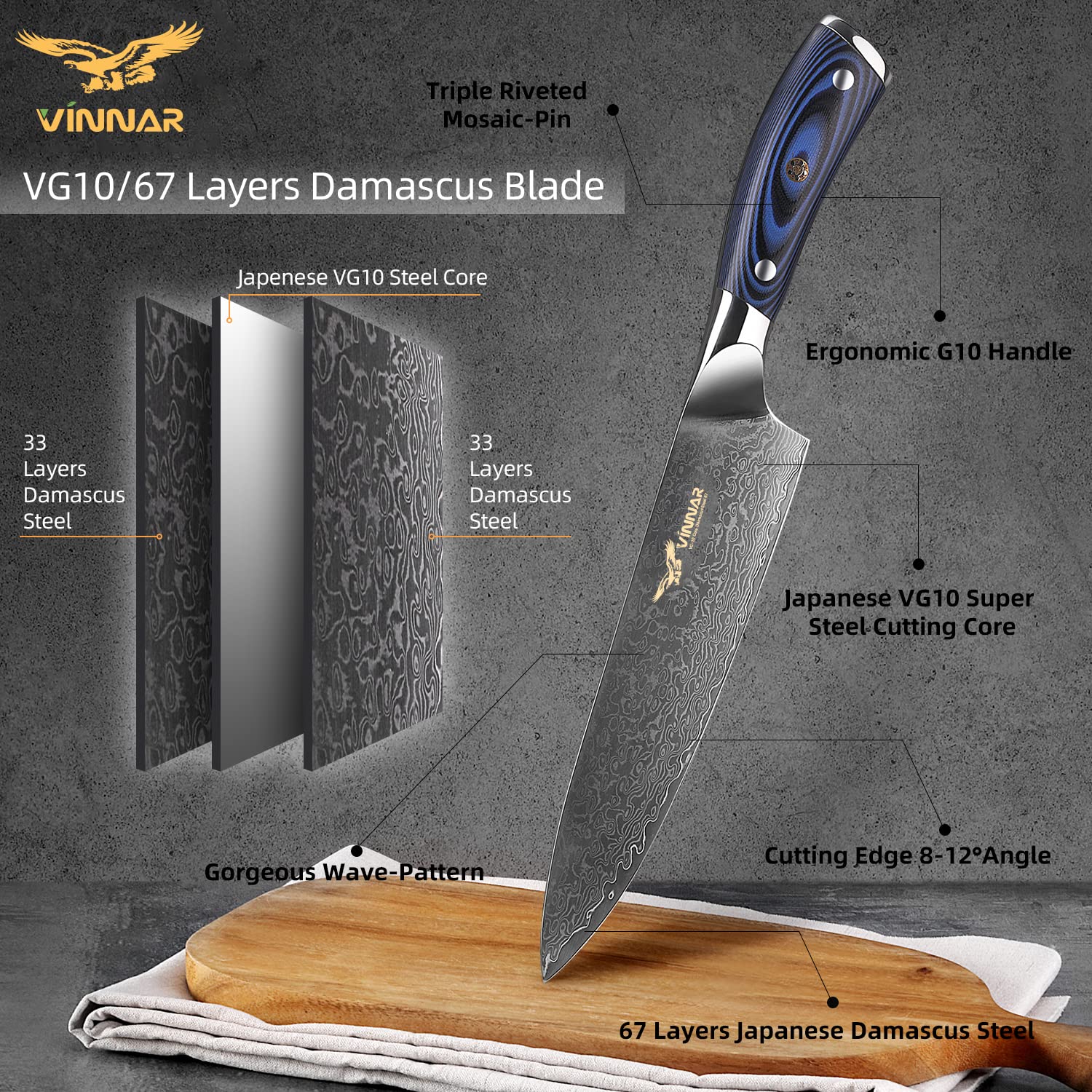 VINNAR Damascus Chef Knife, Japanese VG-10 Super Sharp 8 inch Professional Kitchen Knives, Ergonomic Blue G10 Handle,Sharpest Cooking Knife Best Choice for Home Kitchen and Restaurant