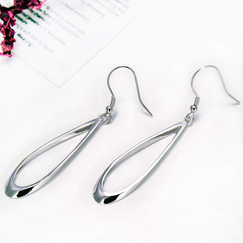 Sterling Silver Dangle Earrings, White Gold Plated Teardrop Silver Drop Earring for Women