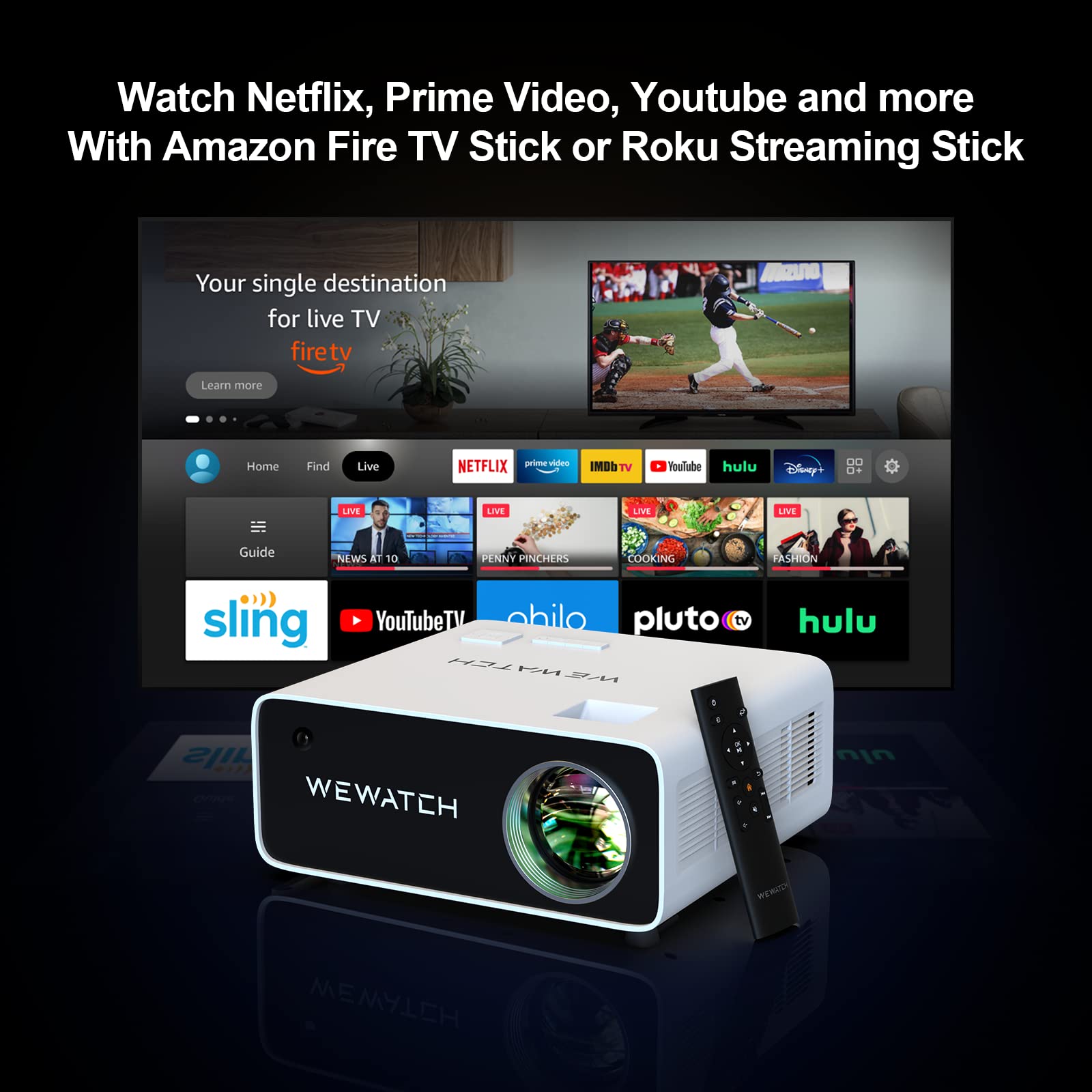 WEWATCH Native 1080P 5G Projector, LED 15,000LM, WiFi Wireless, 230" Large Screen, ±50° Four point keystone correction, Home Outdoor Portable Projector, Compatible with HDMI, TV Stick,AV,USB