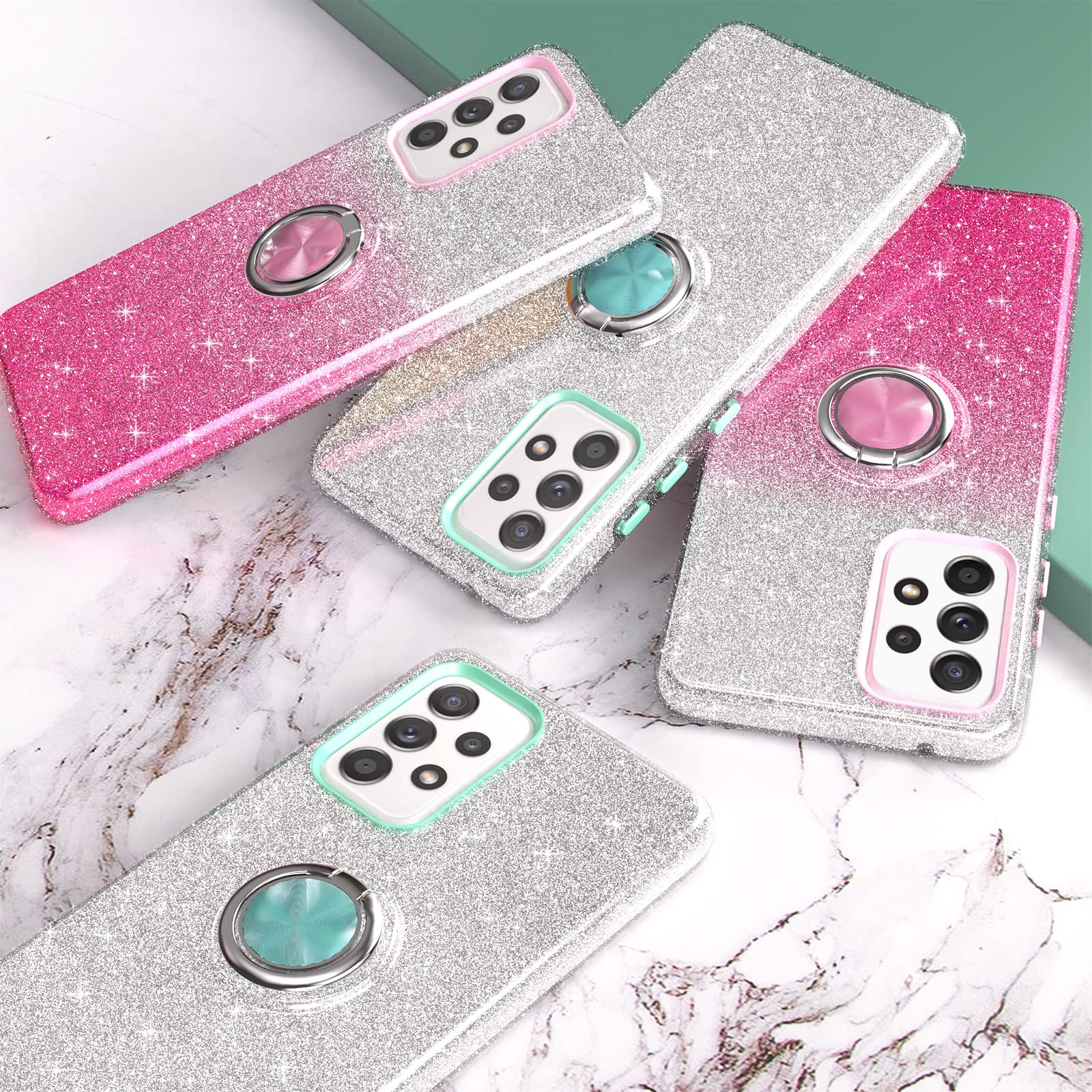 PeeTep Galaxy A52 5G Case for Girls Women, Slim Fit Glitter Sparkly Case with 360°Ring Holder Kickstand Magnetic Car Mount Shock-Absorbent Protective Sturdy Cover,Pink
