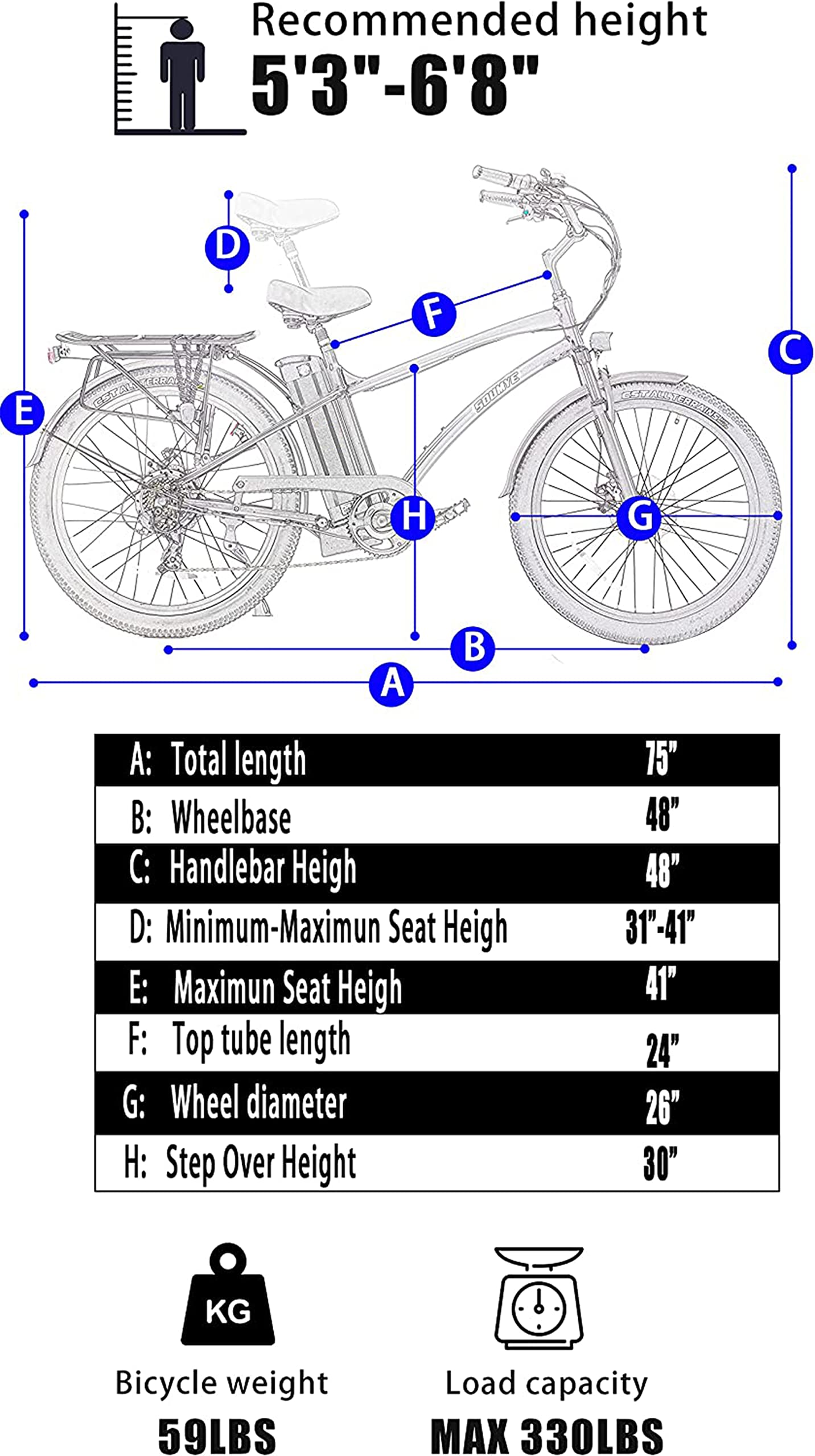Soumye Beach Cruiser E-Bike 790W Peak Watts Motor 48V/624WH Battery 26”x2.235 Tire Max Speed 25 m/h Step-Over M5 Larger Size Display 7 Gears for Adults