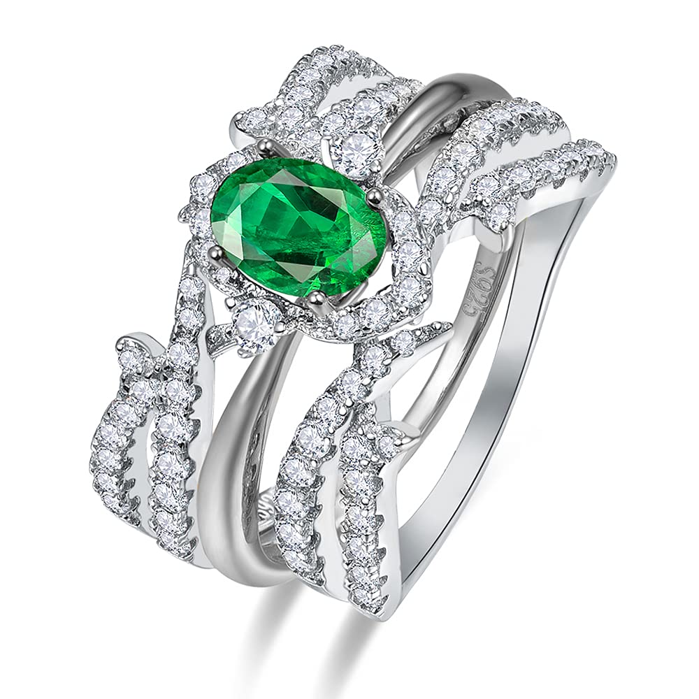 Yaresul 3pcs Silver Cubic Zirconia Wedding Ring Set for Women 5 * 8mm 925 Sterling Silver Green Created Emerald Ring Bridal Set Size 7