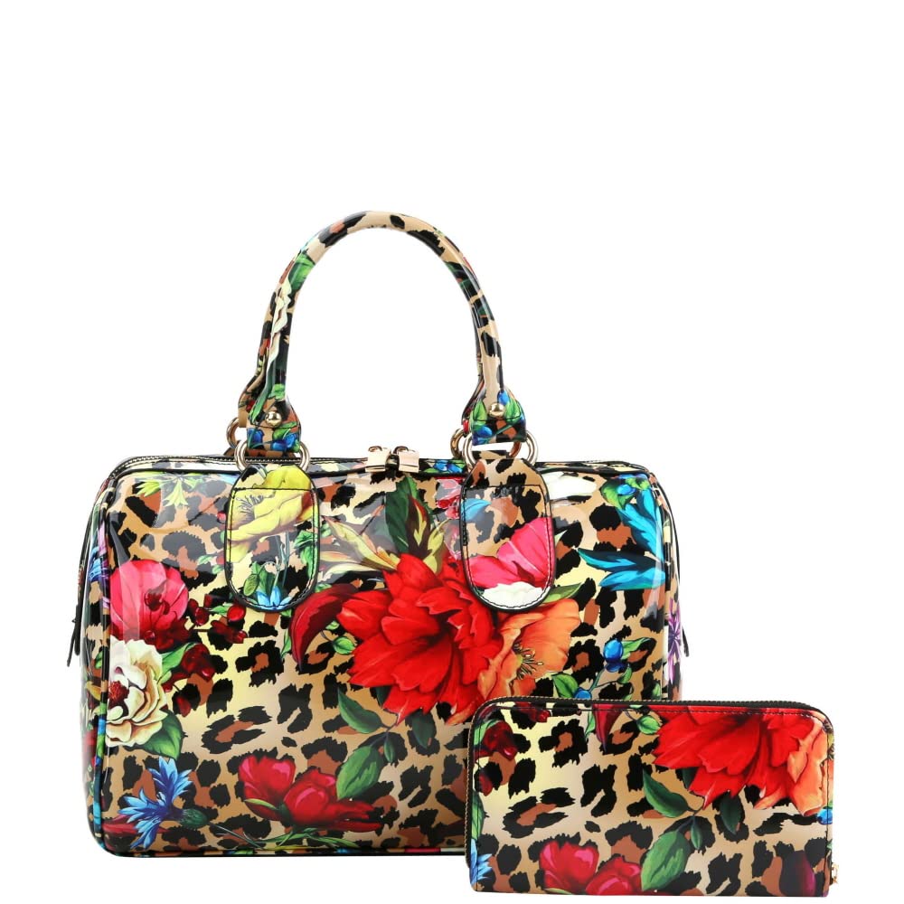 Trendeology Patent Vegan Leather Leopard Flower Print Satchel Shoulder Bag Purse Handbag (Doctor Bag - Light Brown)