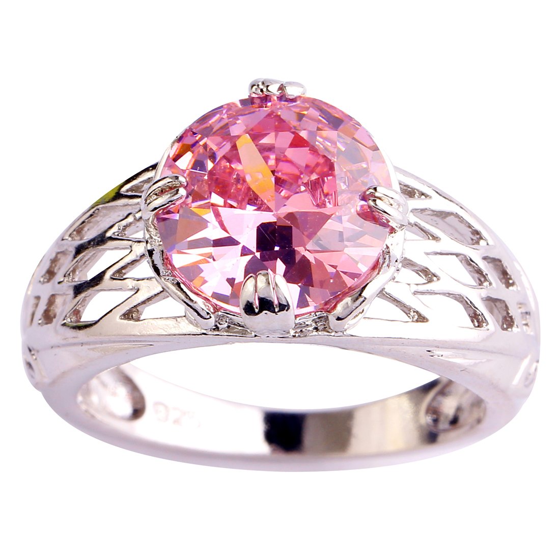 Psiroy 925 Sterling Silver Plated Round Simulated Pink Topaz Solitaire Promise Ring for Women Size 9