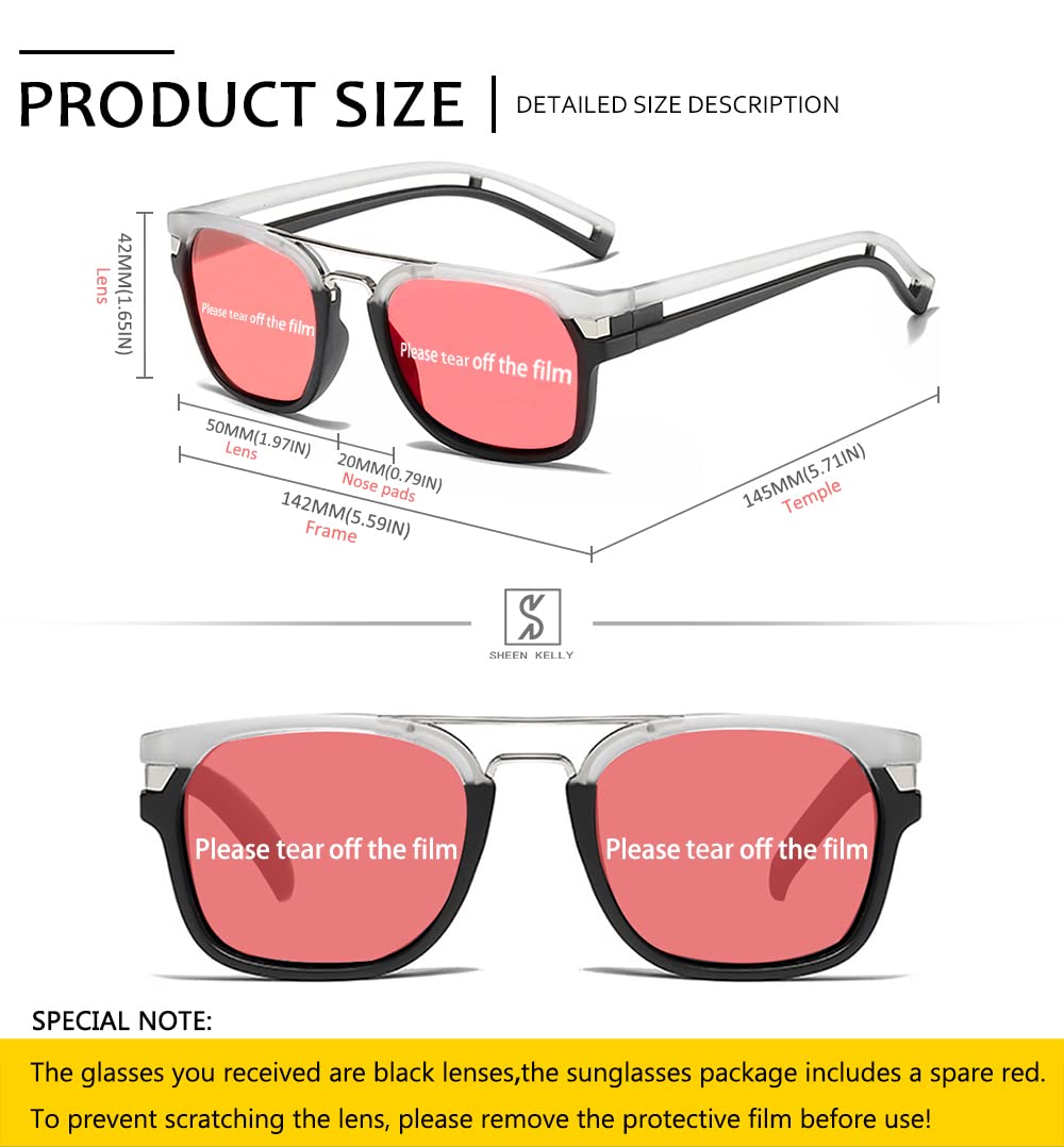 SHEEN KELLY Polarized Square Sunglasses for Men Women Retro Rectangular TR90 Frame Red Pink Tinted Lens Eyewear