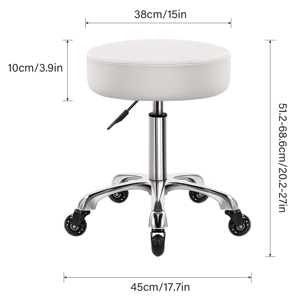 WKWKER Heavy Duty Rolling Stool with Wheels Hydraulic Swivel Adjustable Rolling Stool Ergonomic Thick Leather Seat Stool Chair for Kitchen Drafting Lab Office Salon Message Stool β White