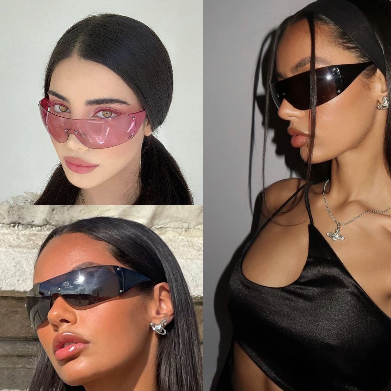 Trendy Rimless Y2K Sunglasses for Women Men,Mirror Shield Wrap Around Sunglasses Oversized Fashion Frameless Sun Glasses (Black/Black)