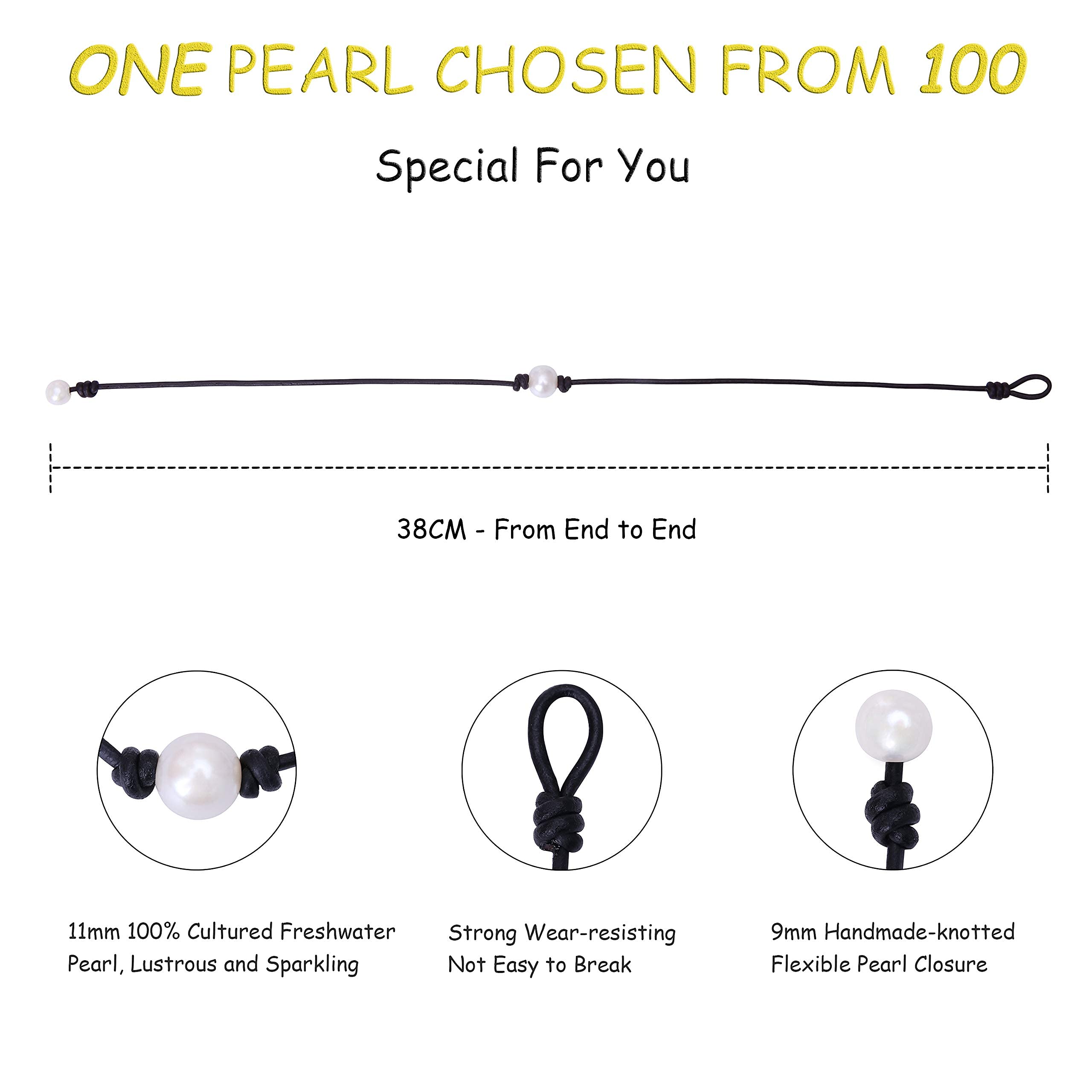 Single Cultured Freshwater Pearl Necklace Choker for Women Genuine Leather Jewelry Handmade 15'' Black