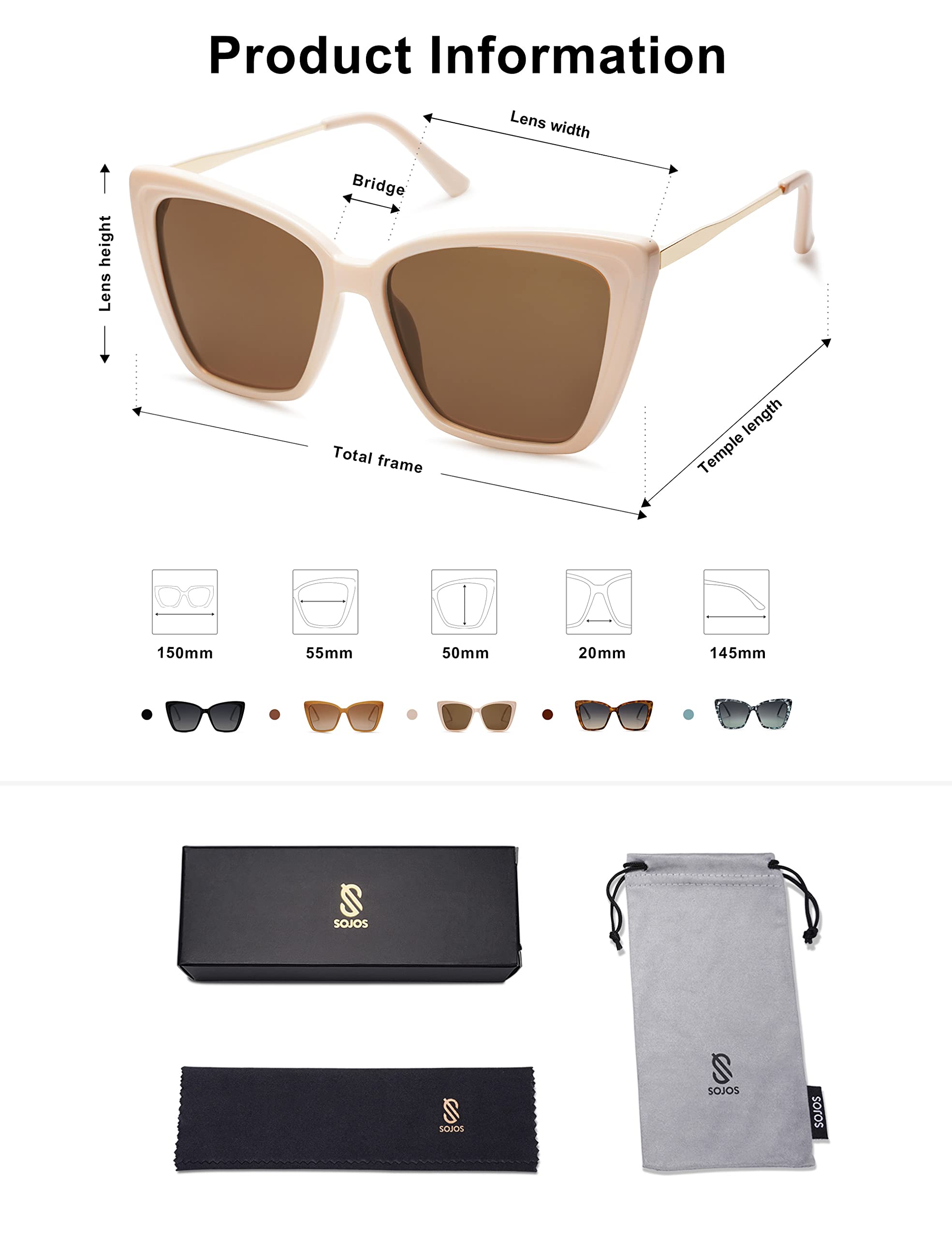 SOJOS Trendy Polarized Sunglasses For Women Retro Womens Oversized Square Cat Eye Sun Glasses UV Protection SJ2206 White Frame Brown Lens