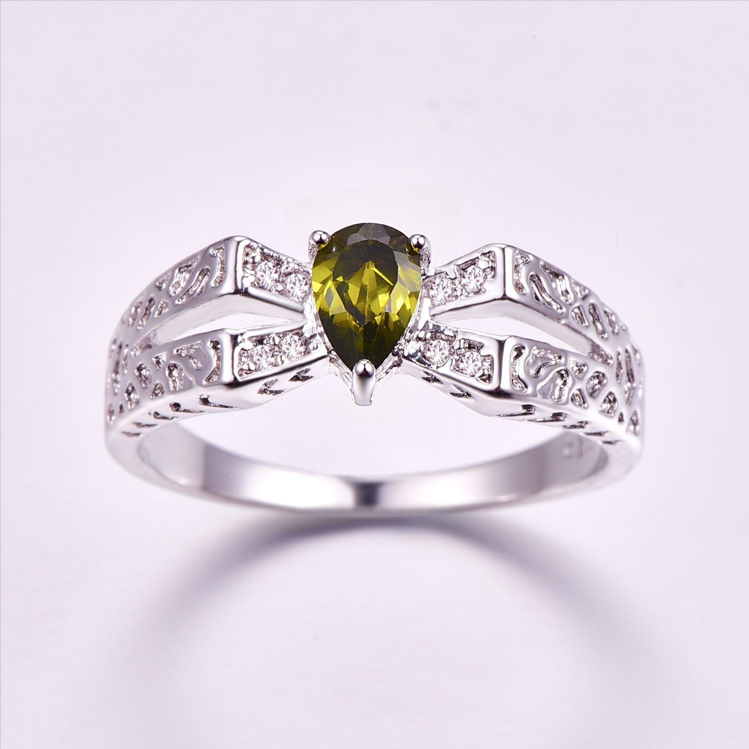 Psiroy 925 Sterling Silver Plated Pear Created Peridot Filled Split Shank Band Ring Size 8