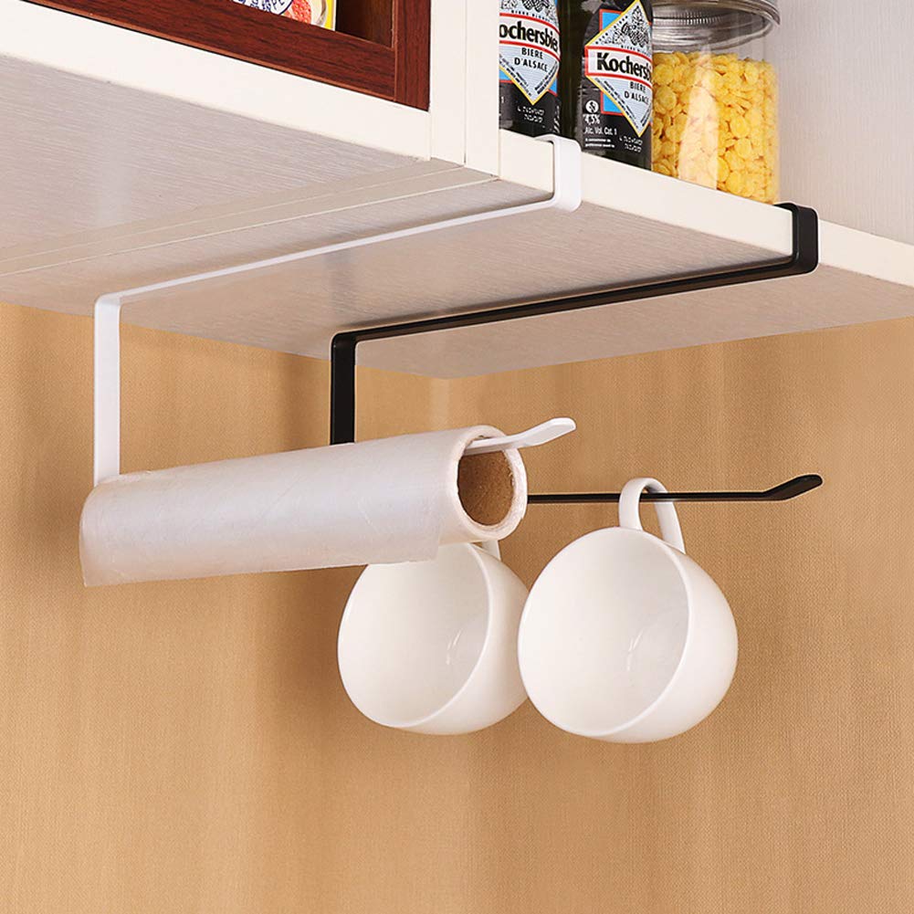 Usmascot Paper Towel Holder Dispenser Under Cabinet Paper Roll Holders (NO Drilling) for Kitchen Bathroom, Hanging Paper Towel Rack Hanger Over the Door, Humanized Design (Black)