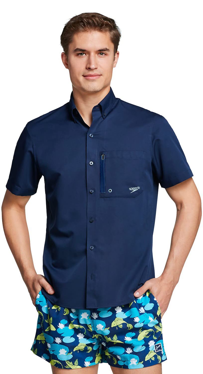 Speedo Mens UV Swim Shirt Hybrid Button Down (Large, Peacoat)