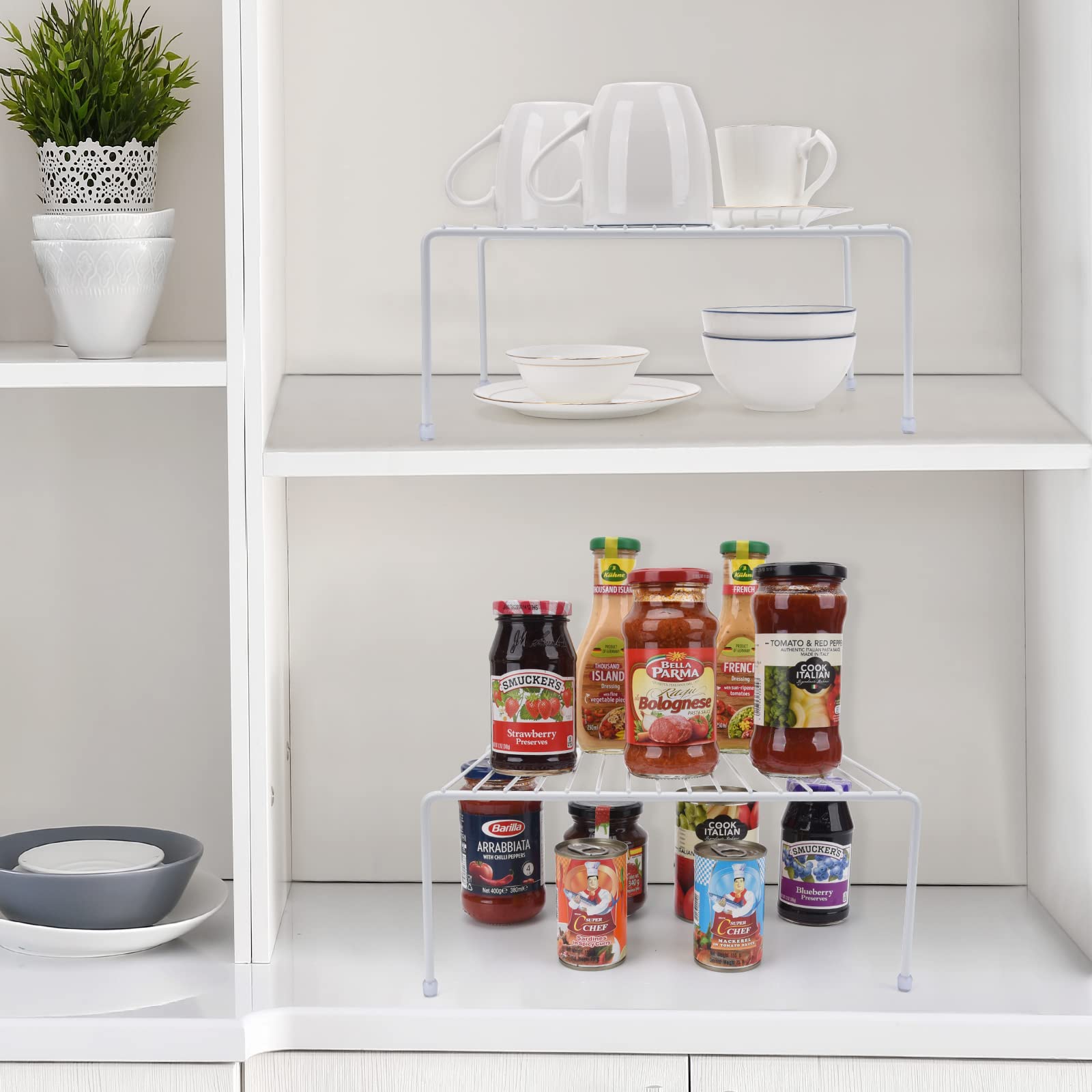 yaenoei Set of 2 - Kitchen Storage Shelf Rack (13.1 x 10.2 Inch)/Plastic Feet - Medium - Steel Metal - Rust Resistant Finish - Cups, Dishes, Cabinet & Pantry Organization - Kitchen (White)