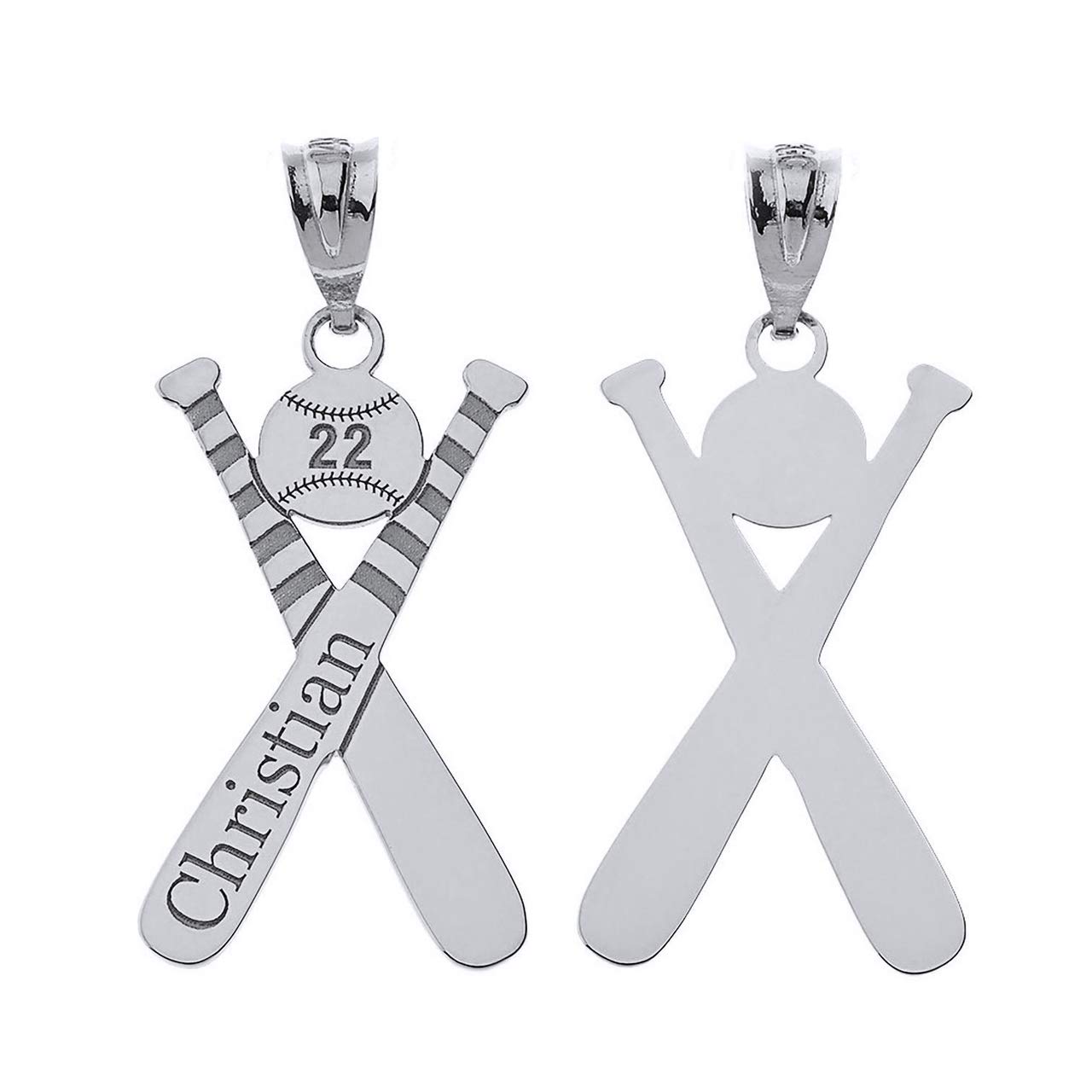 Sterling Silver Personalized Baseball and Baseball Bat Cross Sports Pendant with Your Name and Number