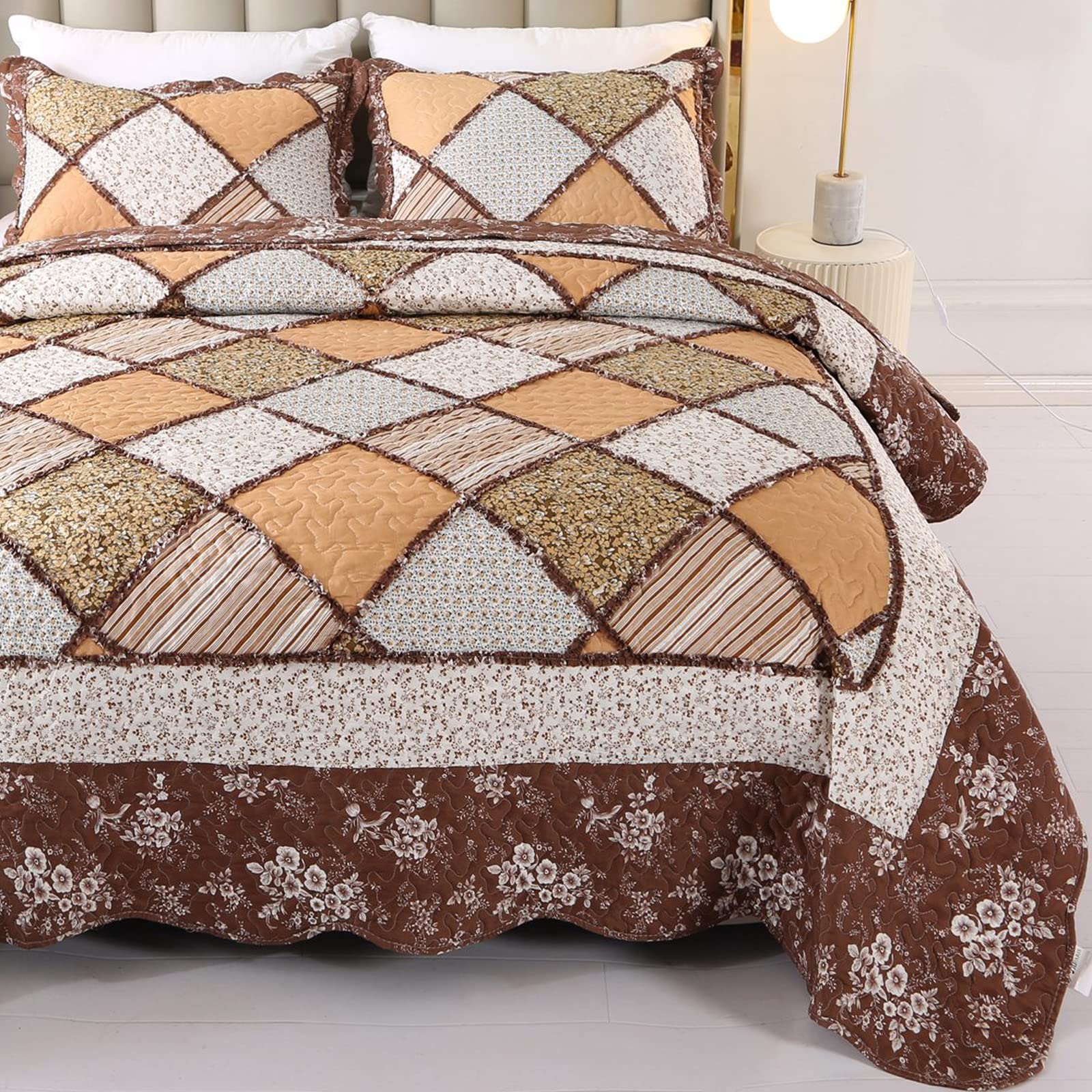 VIVILINEN Patchwork Quilt Set Queen Size 3-Piece Reversible Quilted Bedspread Coverlet Set Floral Stitched Comforter Bedding Set Bed Cover Throw Blanket with 2 Pillow Shams for All Season