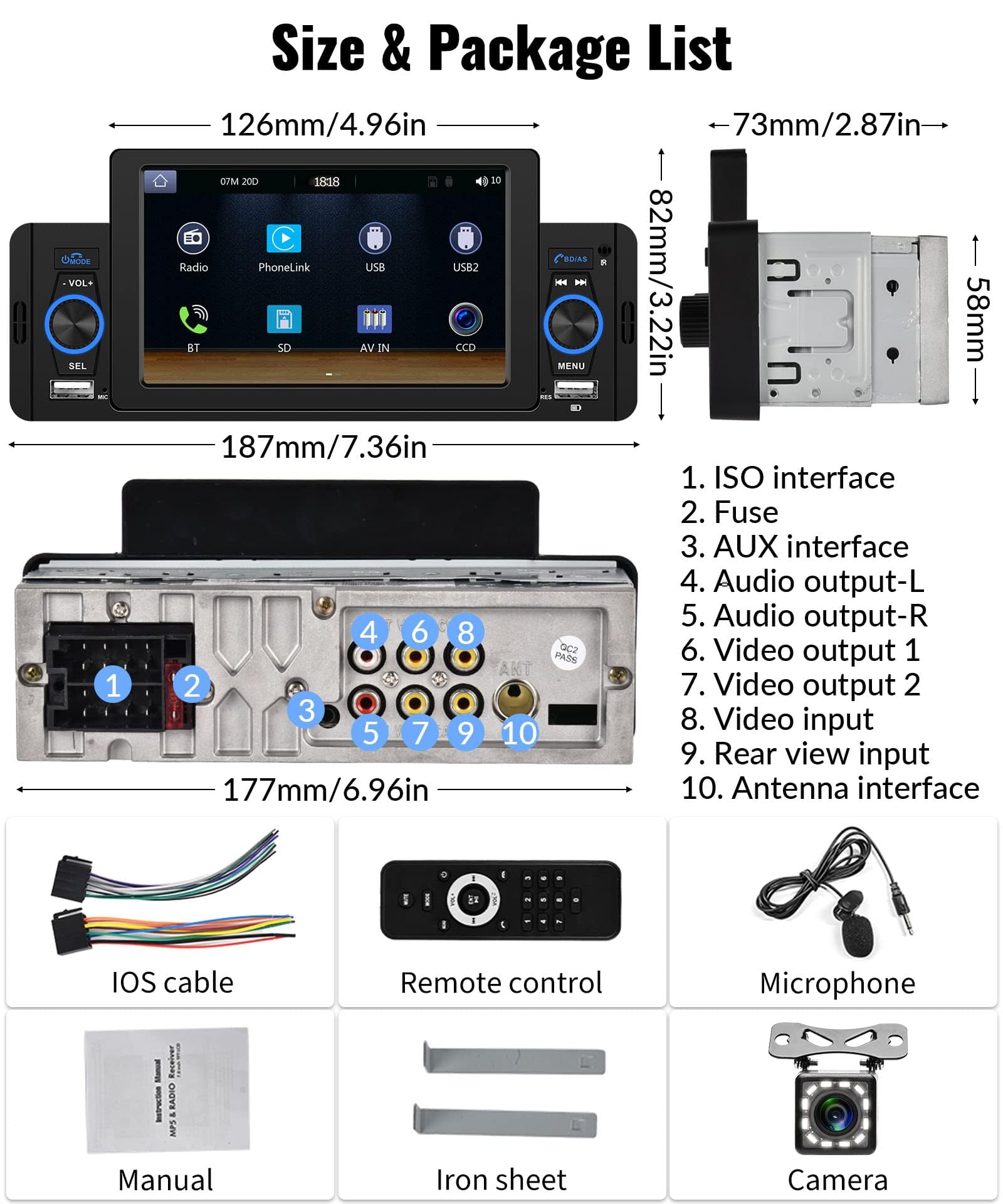 Single Din Car Stereo with Apple CarPlay Android Auto Voice Control 5 Inch Touchscreen Bluetooth Car Radio Mirror Link FM Radio EQ Dual USB Fast Charge SWC + Backup Camera, Mic, Remote Control