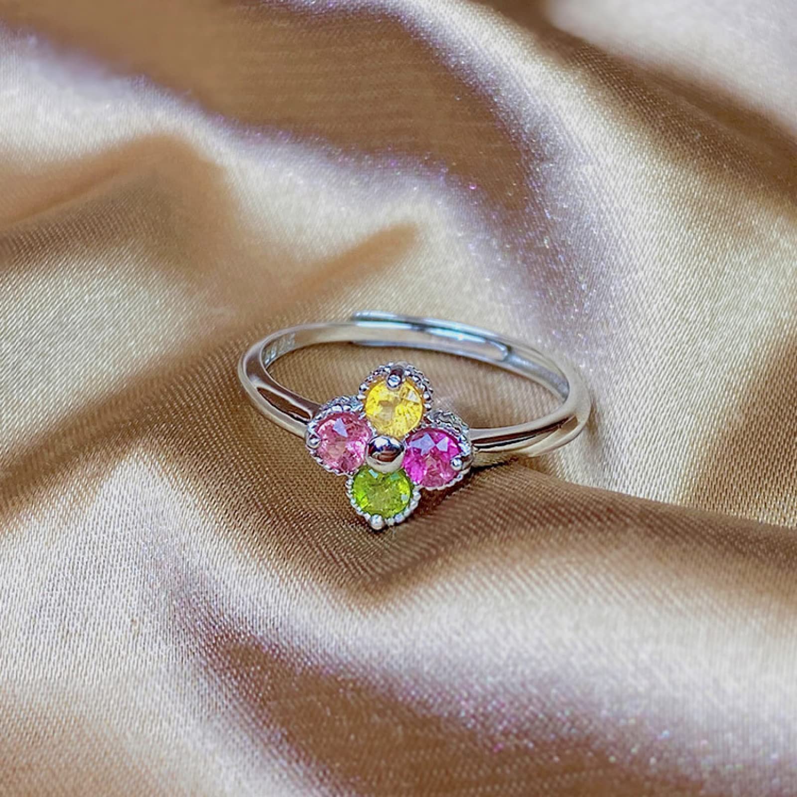 Trendy Tandi Tourmaline Clover Adjustable Ring for Women, Delicate 925 Silver Ring