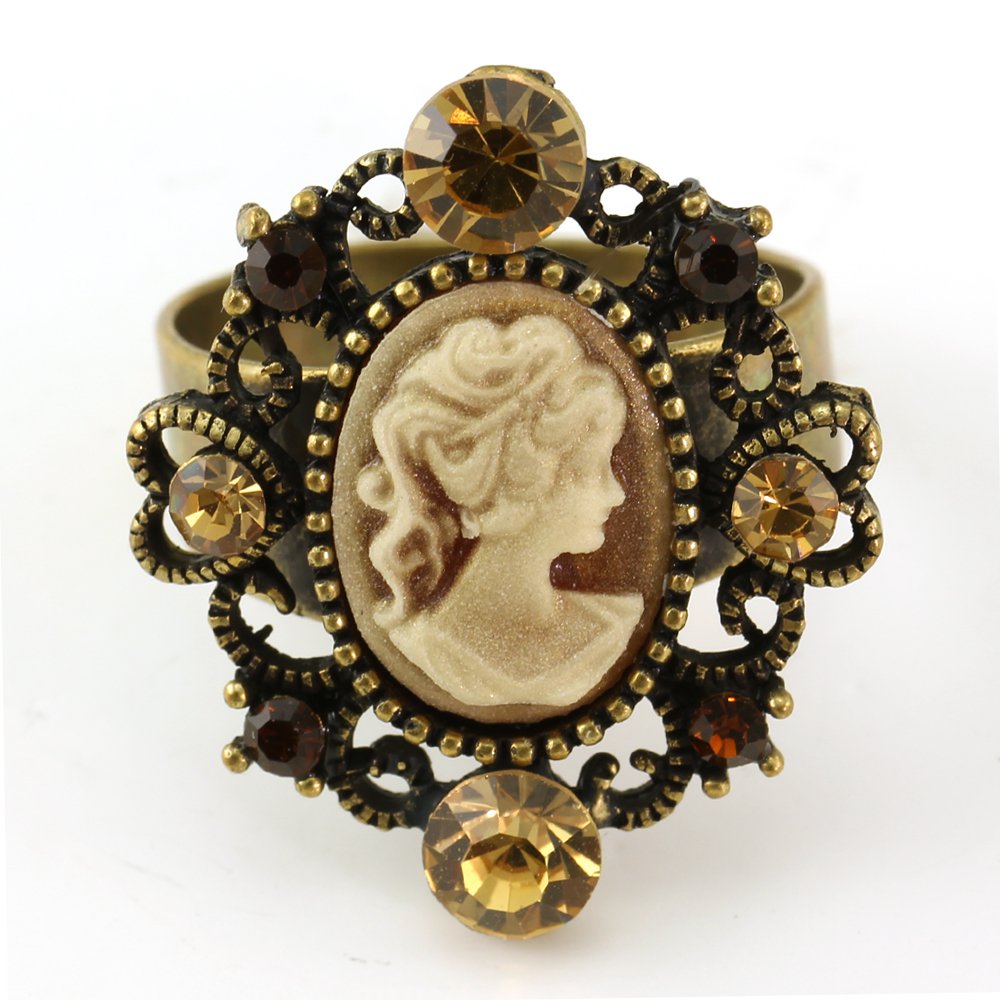Soulbreezecollection Heart Shape Brown Cameo Ring Adjustable Band Women Fashion Jewelry