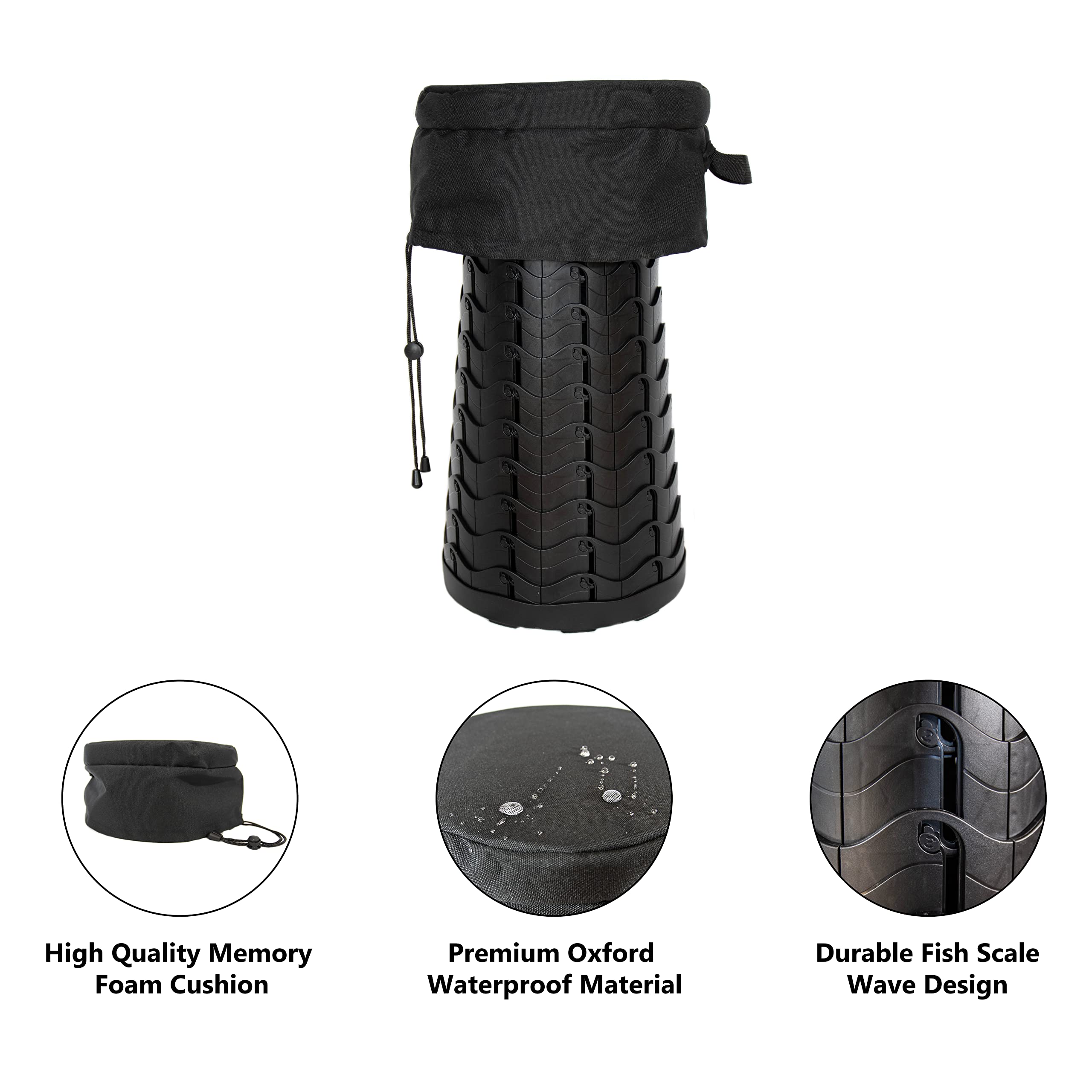 Woodudo Outdoors - Telescopic Stool with Water Proof Cushion - Adjustable Pop Up Stool - Expandable Retractable Stool - Portable Folding Stool Camping, Hiking, and Fishing