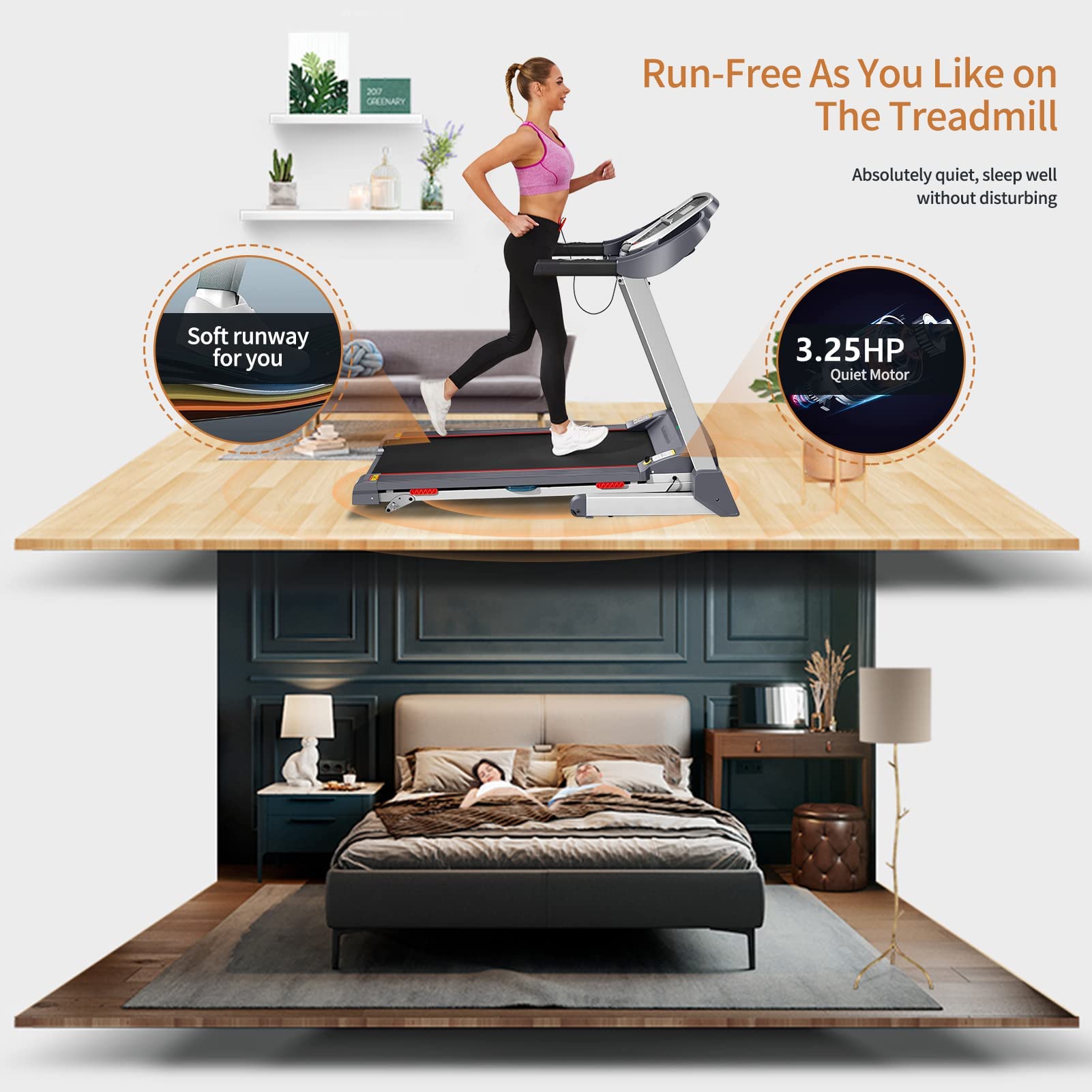 Treadmill 300 lbs with Auto/Manual Incline for Home, 3.25 HP Folding Treadmill with APP, 9 MPH Running Machine for Home/Gym with Shock Absorber, Bluetooth Speaker/LCD/Pulse Monitor, 12 Programs (Gray)