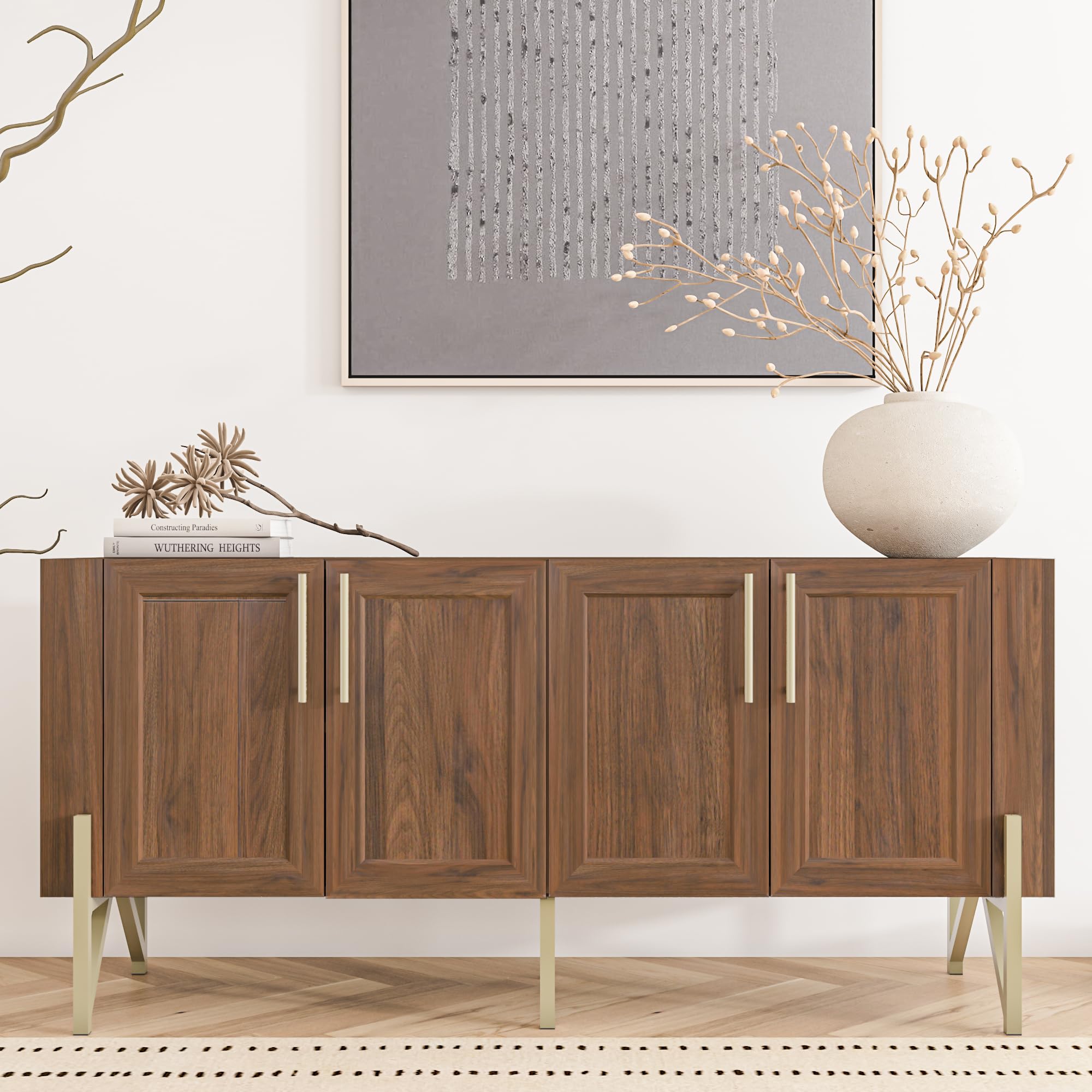 Tilly Lin 65" Mid Century Modern TV Stand, Modern Credenza Sideboard Buffet Cabinet, Walnut Media Console for Living Room, Boho Entertainment Center with Storage, Gold Metal Legs