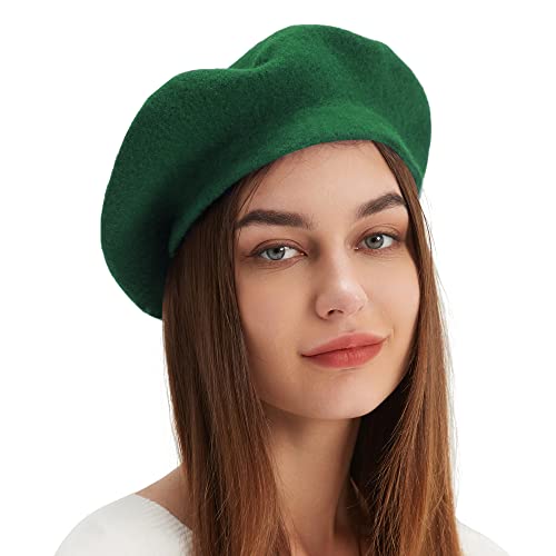 Wool Beret Hat French Beret Cap Winter Artist Painter Hat Solid Color for Women (Green)