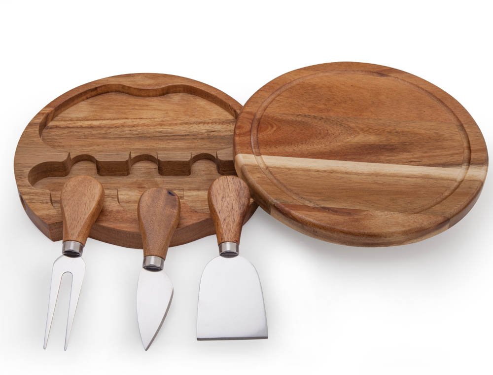 Tungyi Round Slide-Out Acacia Wood Cheese Serving Board and 3 Piece Cheese Tool Set, 7.5 inch Diameter, Ideal for Outdoor Picnic Housewarming Kitchen Personalized Gift
