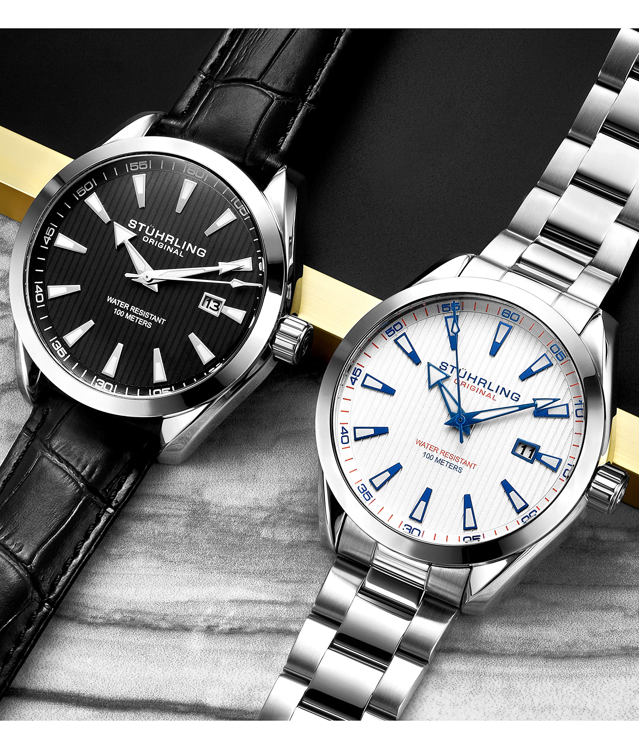 Stuhrling Original Mens Wrist Watch White Analog Dial with Date - Stainless Steel Silver Bracelet, 3953 Luxury Watches for Men Collection