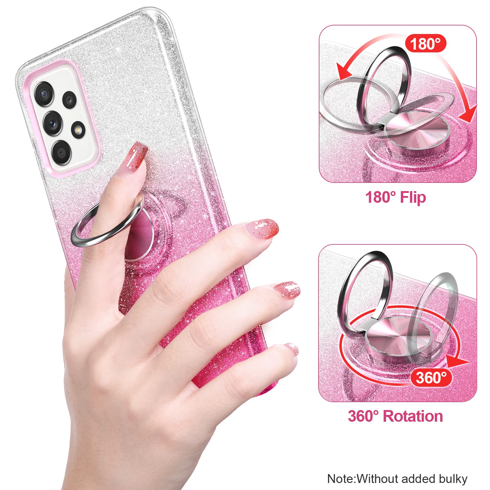 PeeTep Galaxy A52 5G Case for Girls Women, Slim Fit Glitter Sparkly Case with 360°Ring Holder Kickstand Magnetic Car Mount Shock-Absorbent Protective Sturdy Cover,Pink