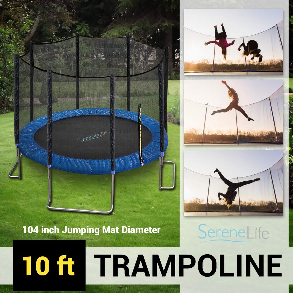 SereneLife ASTM Approved Stable Trampoline Strong with Net Enclosure Outdoor for Teens and Adults β Reinforced, Blue