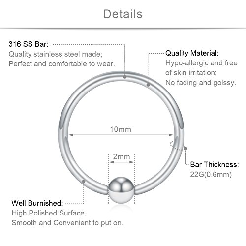 SCERRING 12PCS 22G 10mm Nose Hoop Lip Eyebrow Tongue Helix Tragus Cartilage Septum Piercing Ring - Mix Color 1#