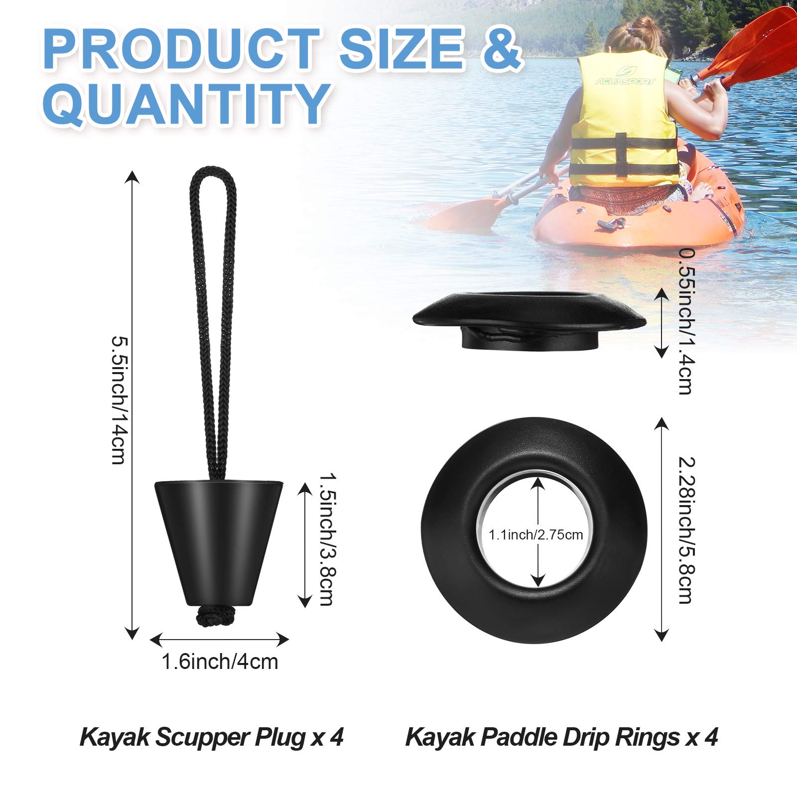 Tallew 8 Pieces Kayaking Accessories Include 4 Pieces Universal Kayak Scupper Plugs Canoe Drain Holes Stopper Bung and 4 Pieces Universal Kayak Paddle Drip Rings