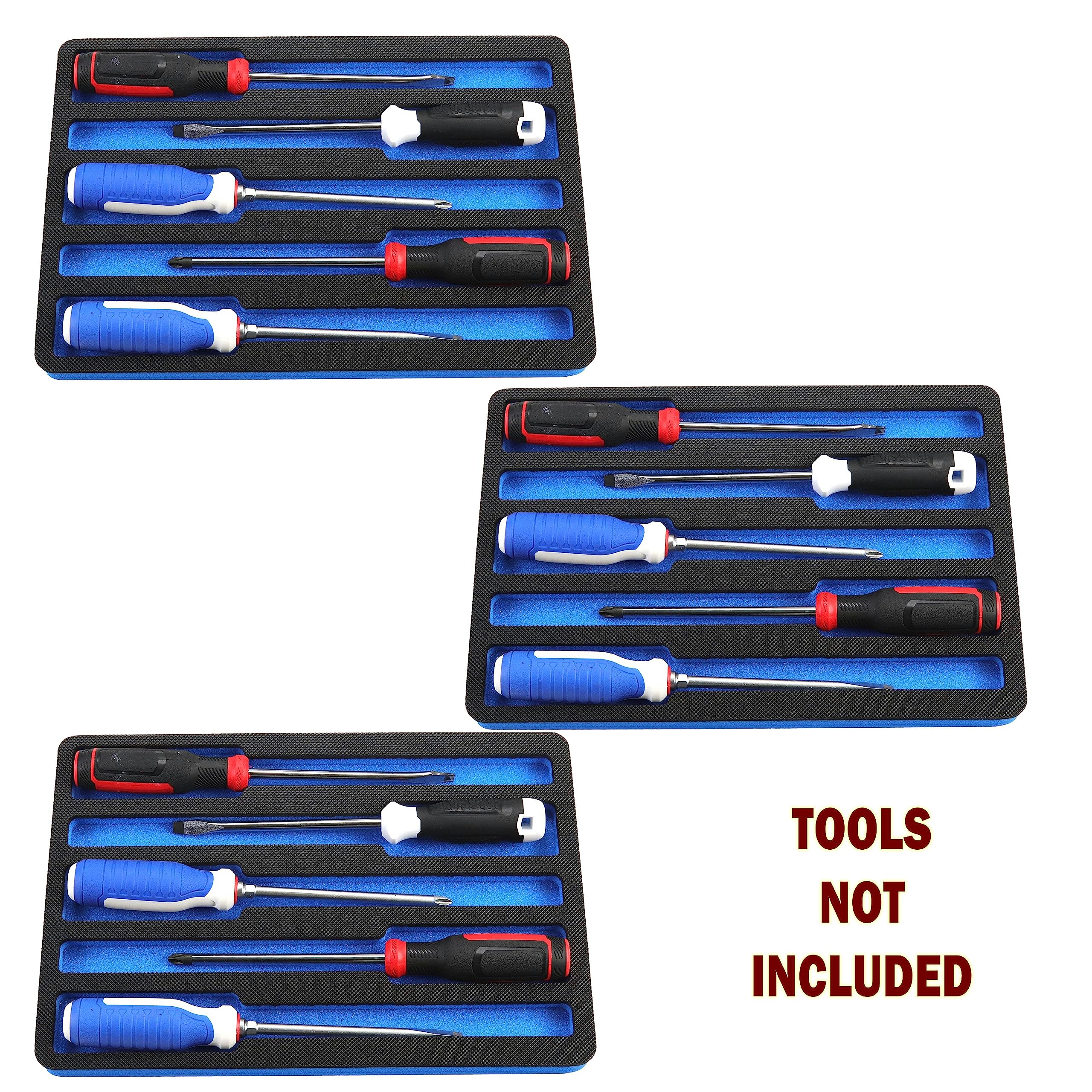 Polar Whale Tool Drawer Organizer 3-Piece Screwdriver Insert Set Blue and Black Durable Foam Holds Many Tools 15 x 10 Inch Trays Fits Craftsman Husky Kobalt Milwaukee Many Others