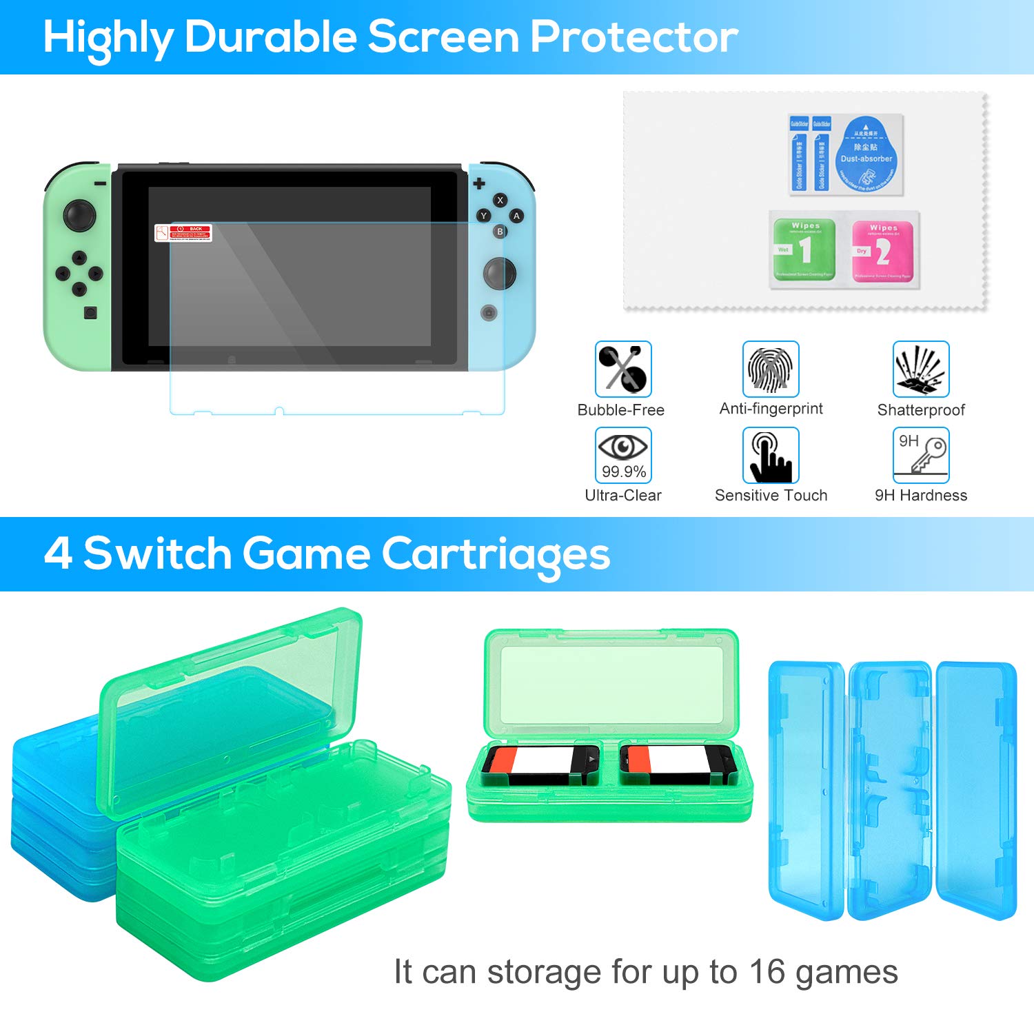 Switch Accessories Bundle - MENEEA 12 in 1 Accessories kit with Carrying Case, Screen Protector, Game Storage Case, Silicone Protective Case and Thumb Grip Cap Compatible with Joy-Con (Green)