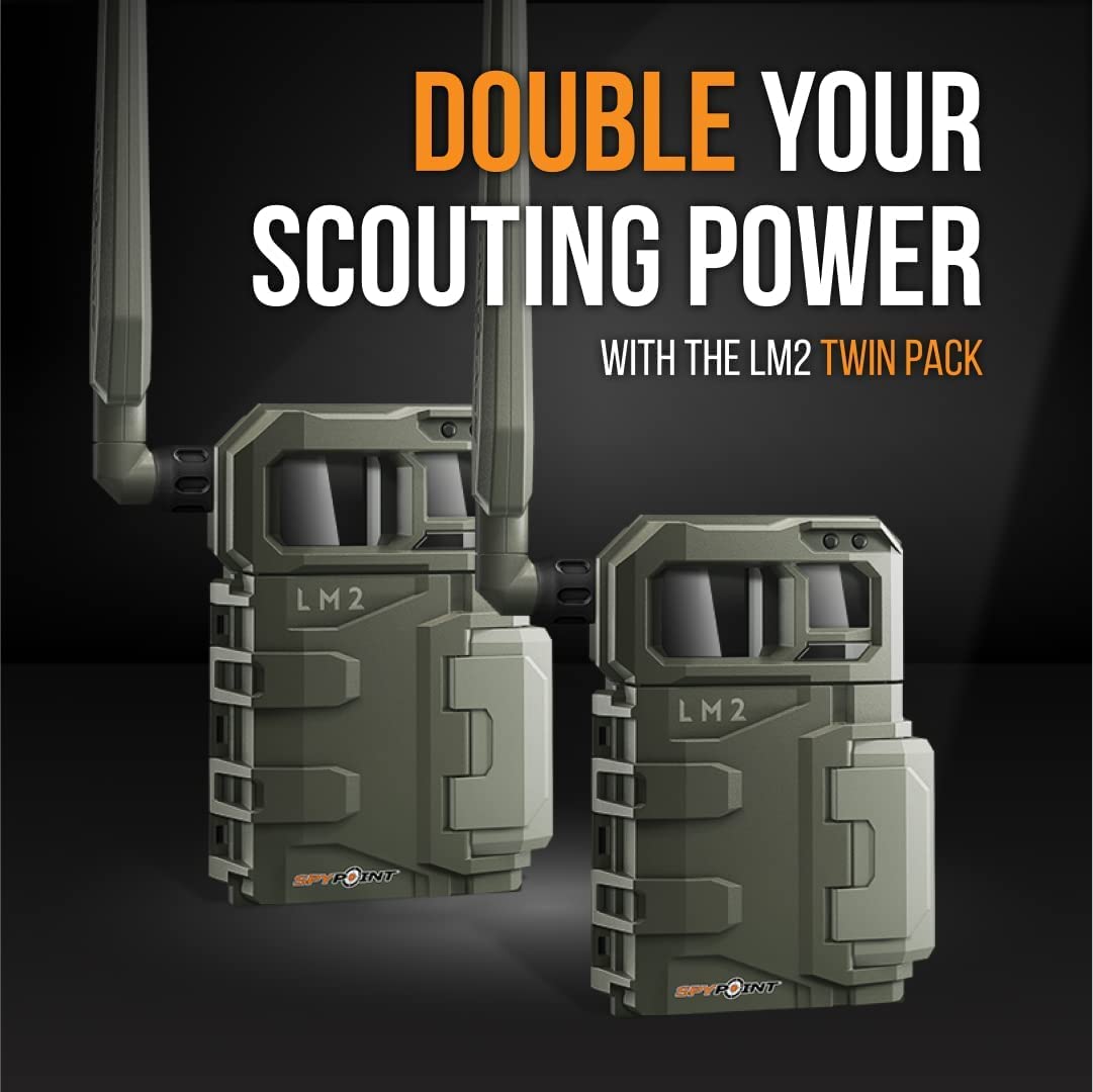 Spypoint LM2 Twin Pack Cellular Trail Camera - 20MP Photos, Infrared Game Night Vision Photos, 90' Flash Trail Camera & Detection Range + SD Cards + Spudz Microfiber Cloth (LM2-Nationwide)