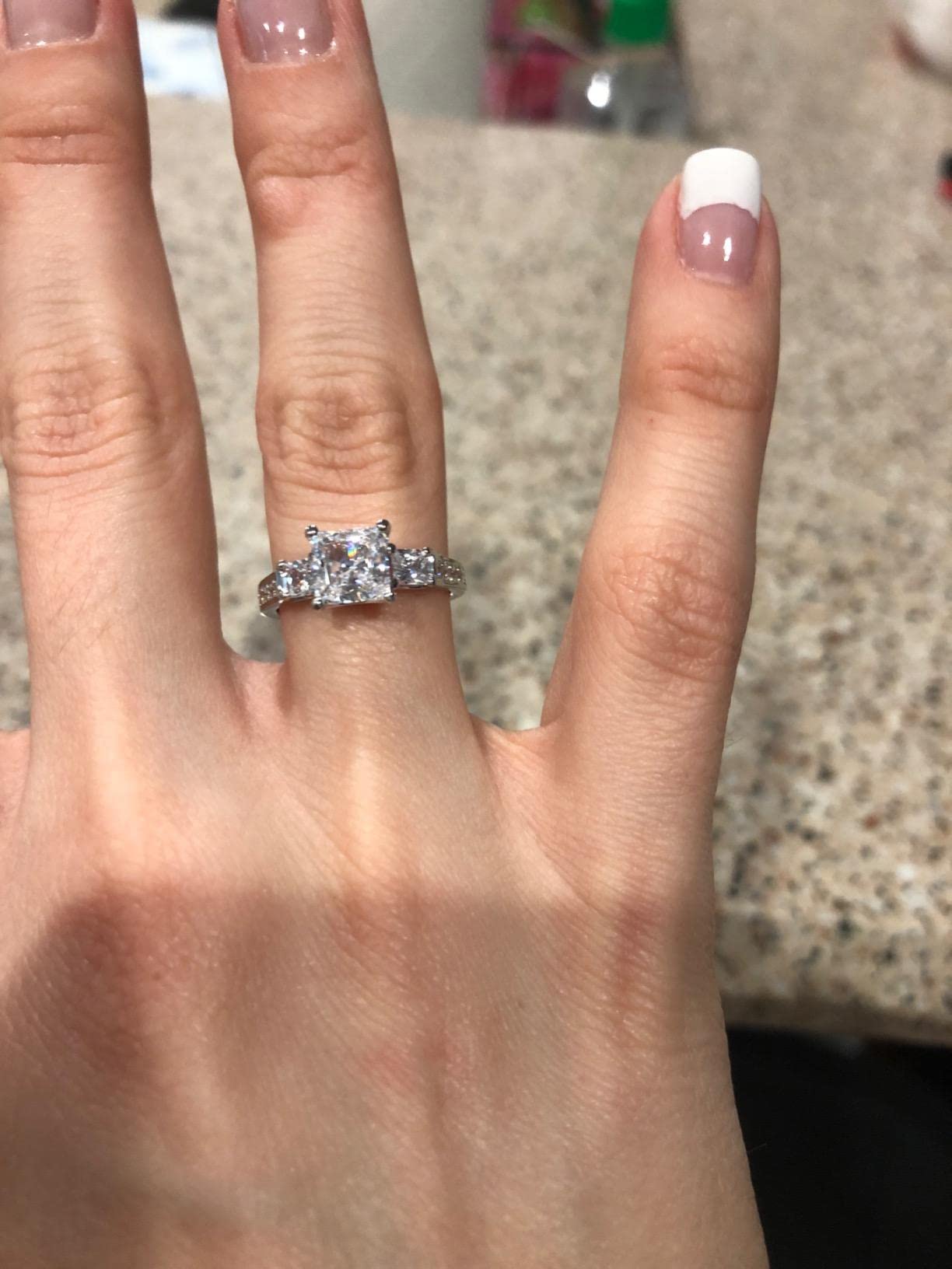 Size 7 - Solid 925 Sterling Silver CZ Cubic Zirconia 3 Three Stone Engagement Ring - Princess Cut Solitaire with Round Side Stones (1.75cttw., 1.5ct. Center) - With Elegant Velvet Ring Box