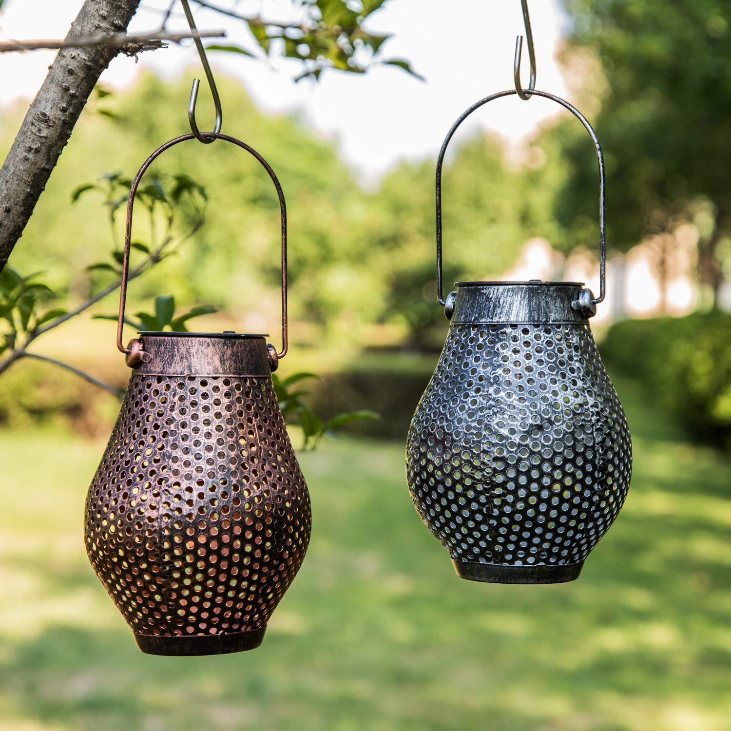 Solar Tabletop Lanterns Decorative Solar Lantern Hanging Retro Hollow Lights Metal Waterproof Table Lamp with Handle for Outdoor Patio Garden Backyard Decorative,2 Pack