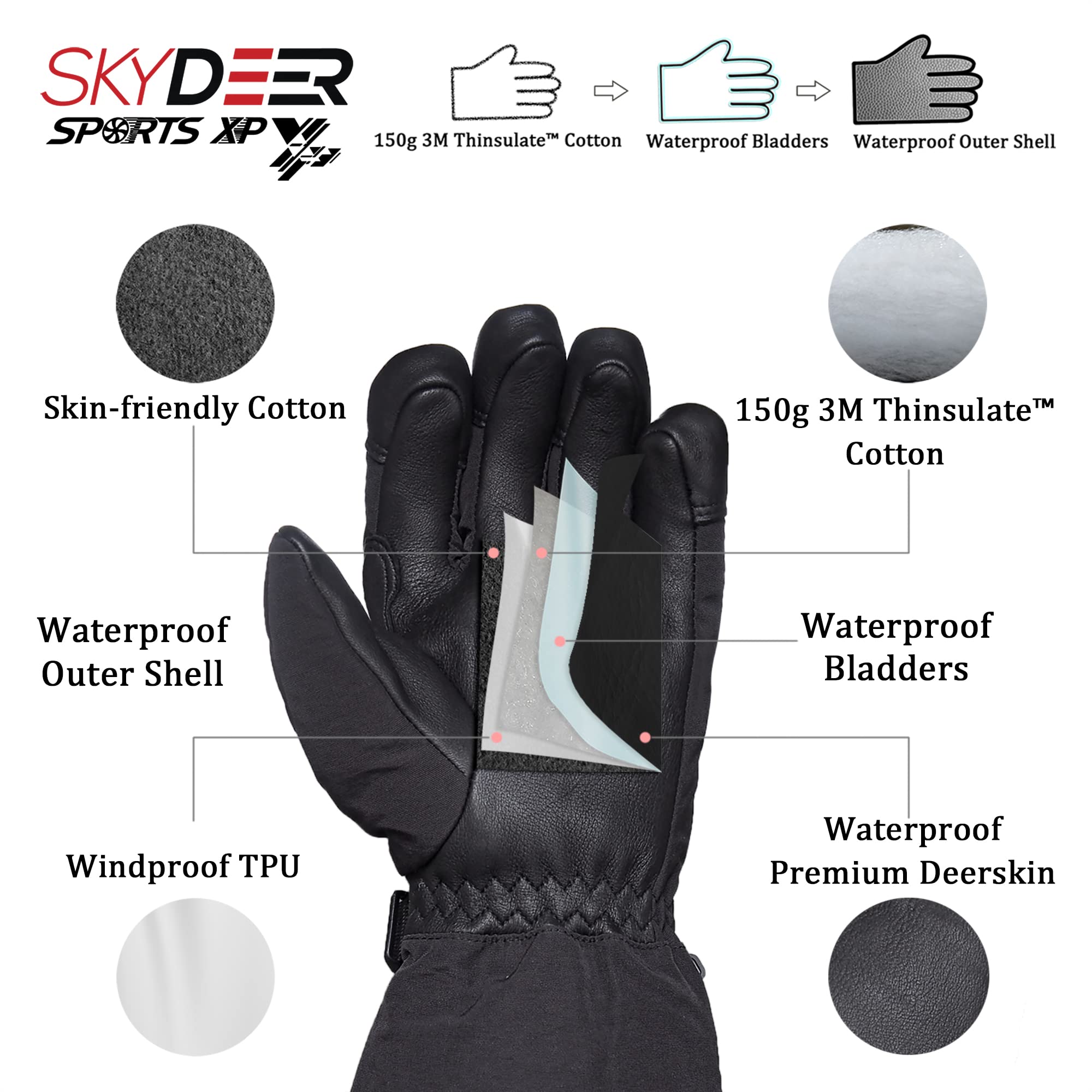 SKYDEER Waterproof Cold Weather Deerskin Leather Winter Ski Gloves (SD8648T/XL)