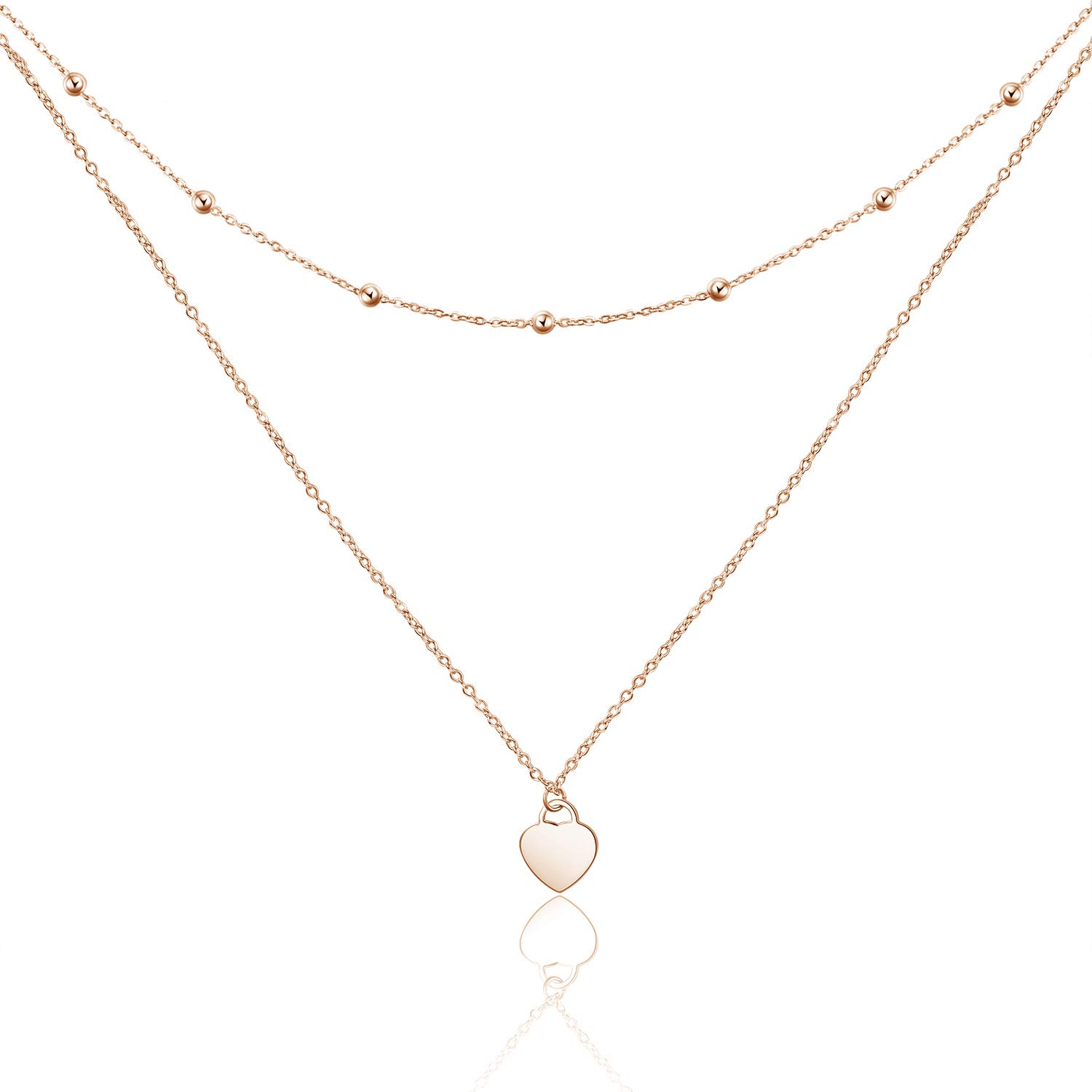PEIMKO Sterling Silver Double Layered Choker Necklace for Women, Rose Gold Plated Silver Rosary Layered Necklaces Gift for Women